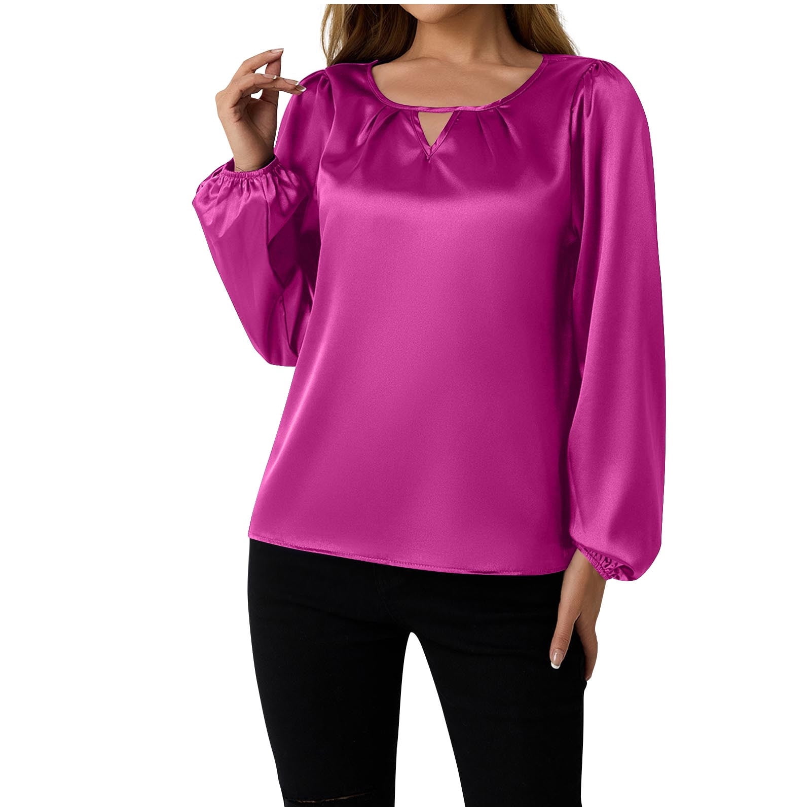 Womens Satin Silk Blouse Keyhole Neck Pleated Puff Long Sleeve Tops ...