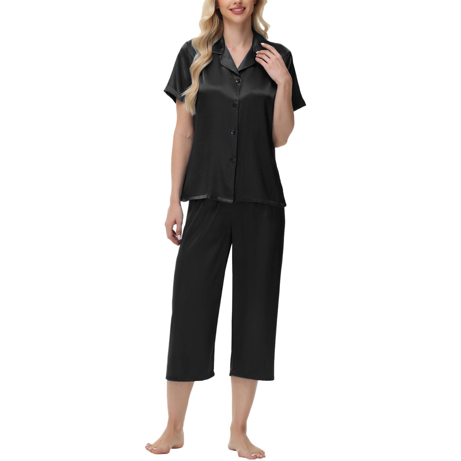 Womens Satin Silky Pajama Set Short Sleeve Shirt with Long Pajama Pant ...