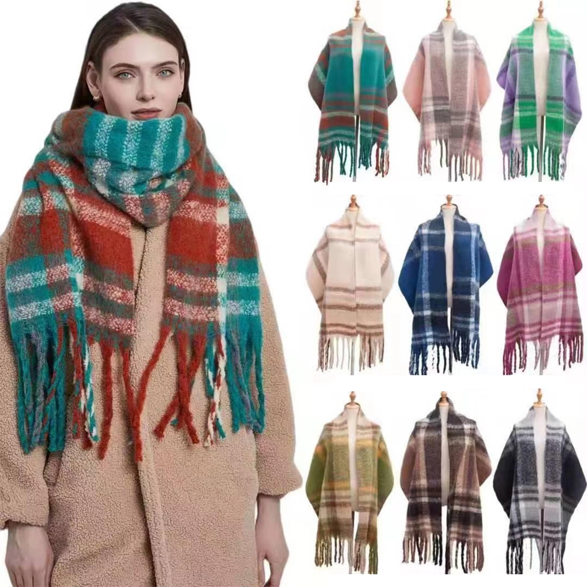 Womens Scarf Winter Big Colorful Checked Thick Warm Soft Scarves Casual ...