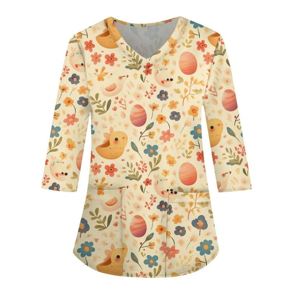 Womens Scrub，Easter Scrub Tops Women Bunny Egg Hunt Print Medical Scrub ...