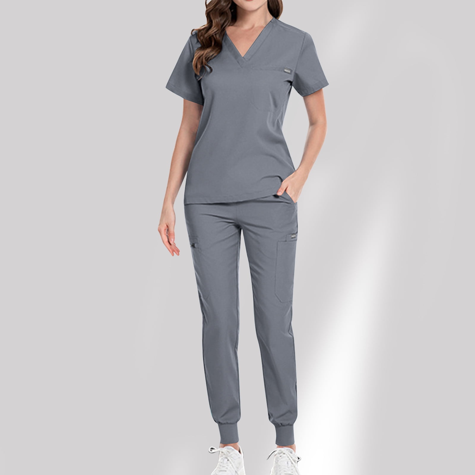 Womens Scrub Sets Casual V Neck Stretch Tops with Cargo Pants Medical ...