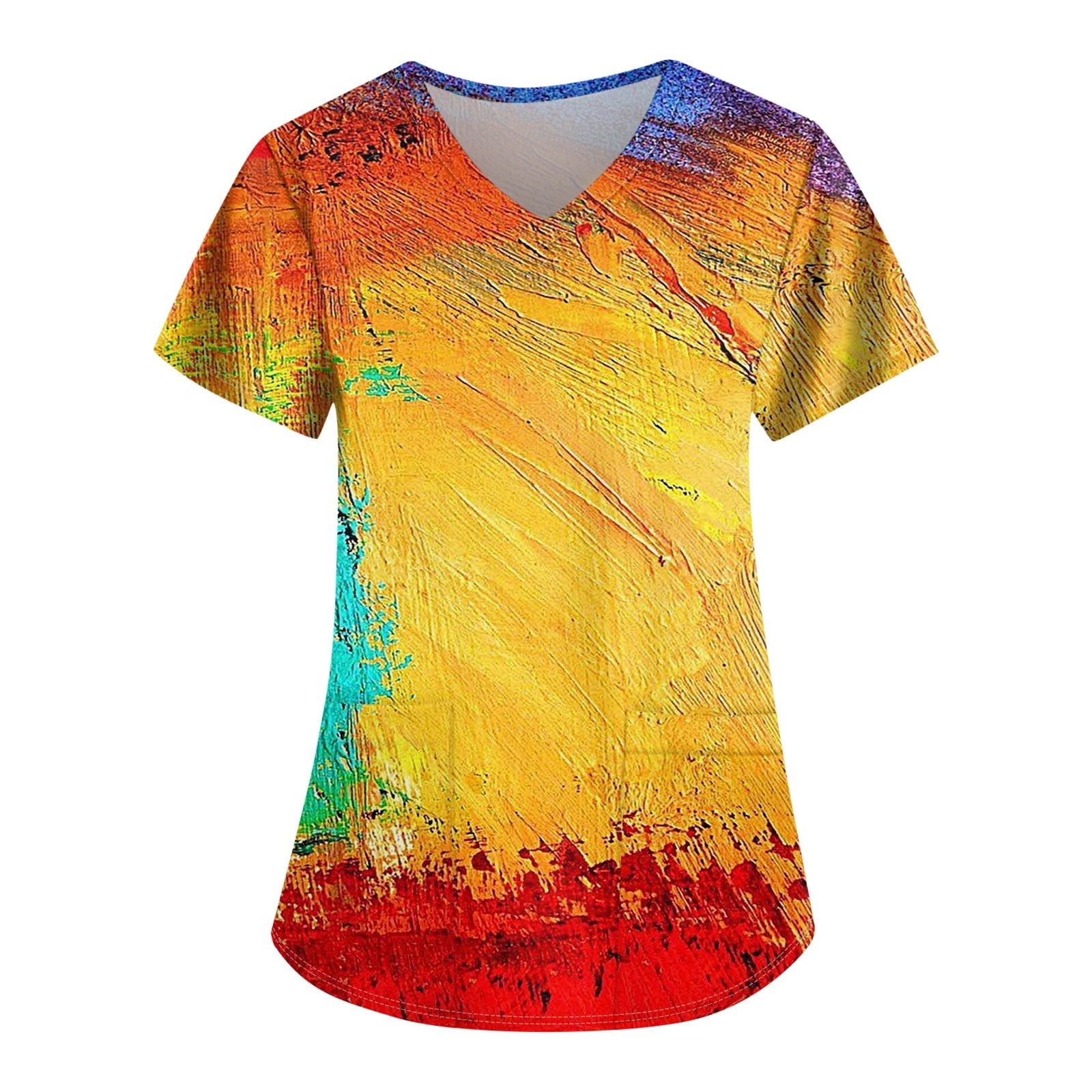Womens Scrub Tops Breathable Patterned V Neck Plus Size Scrub Tops Short Sleeve Casual Loose T