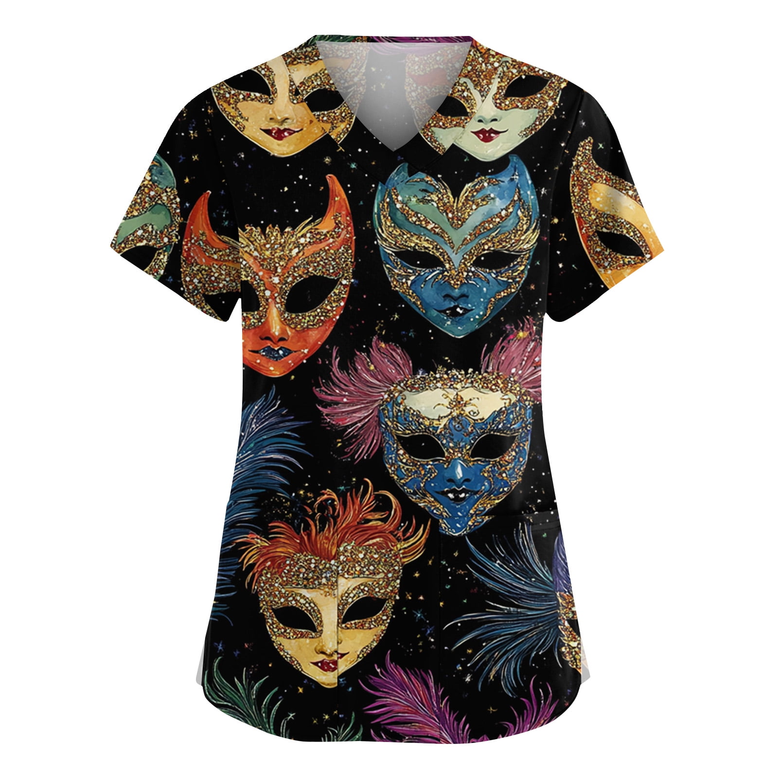 Womens Scrubs Mardi Gras Short Sleeve V Neck Nurse Uniform Glitter Mask ...