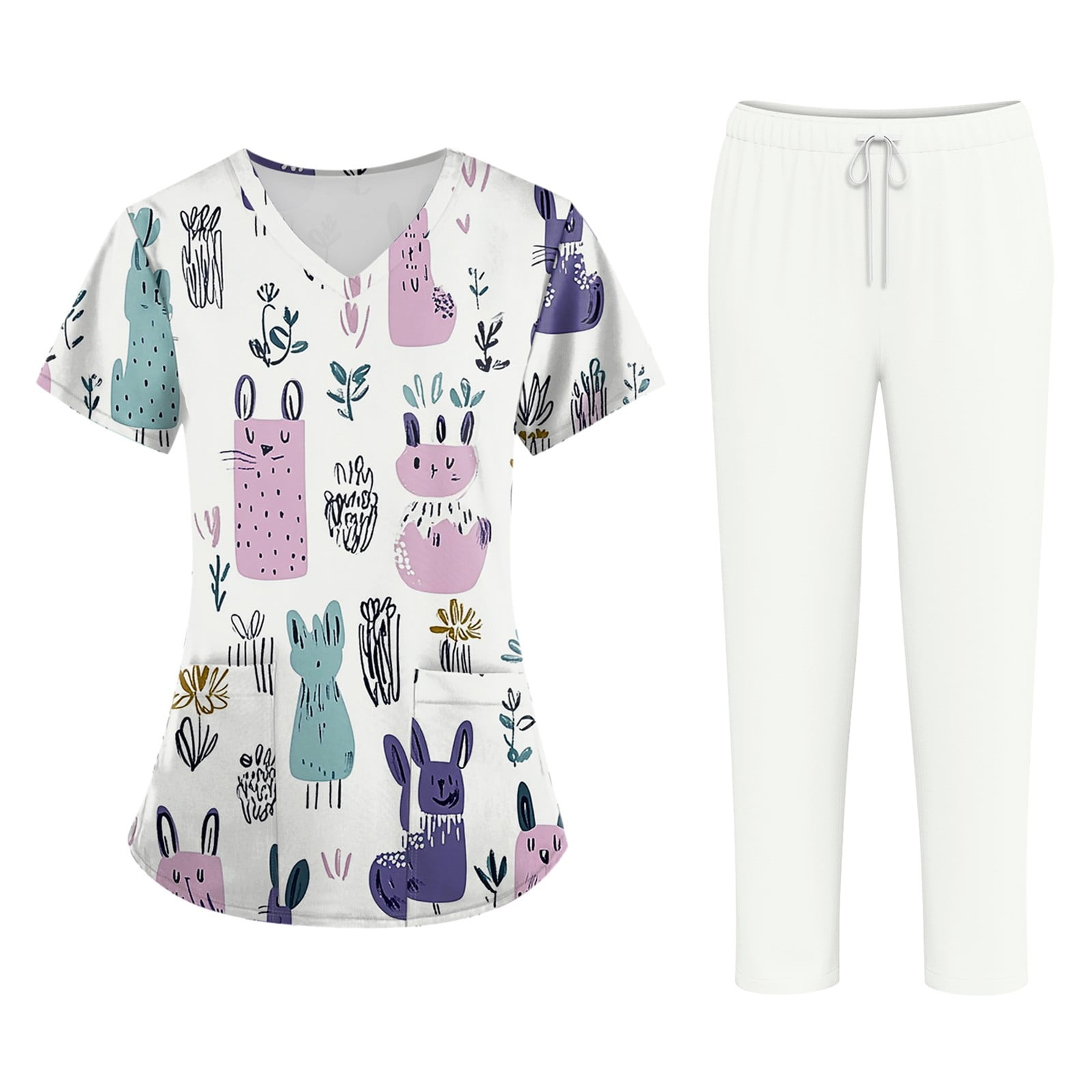 Womens Scrubs,Scrub Sets For Woman Short Sleeve Animal Flower Printed ...