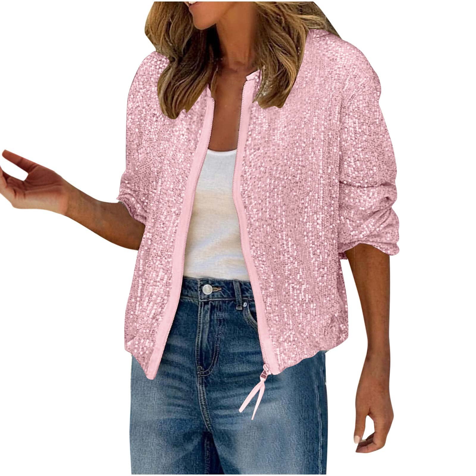 Womens Sequin Cropped Jackets Long Sleeve Full Zip Up Bomber Jacket ...