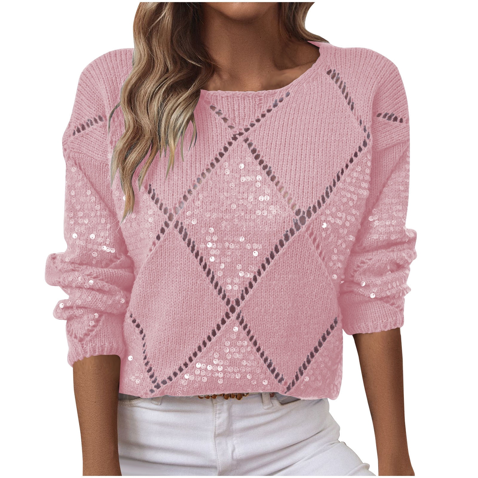 Womens Sequin Hollow Out Knit Sweater Fall Winter Long Sleeve Round ...
