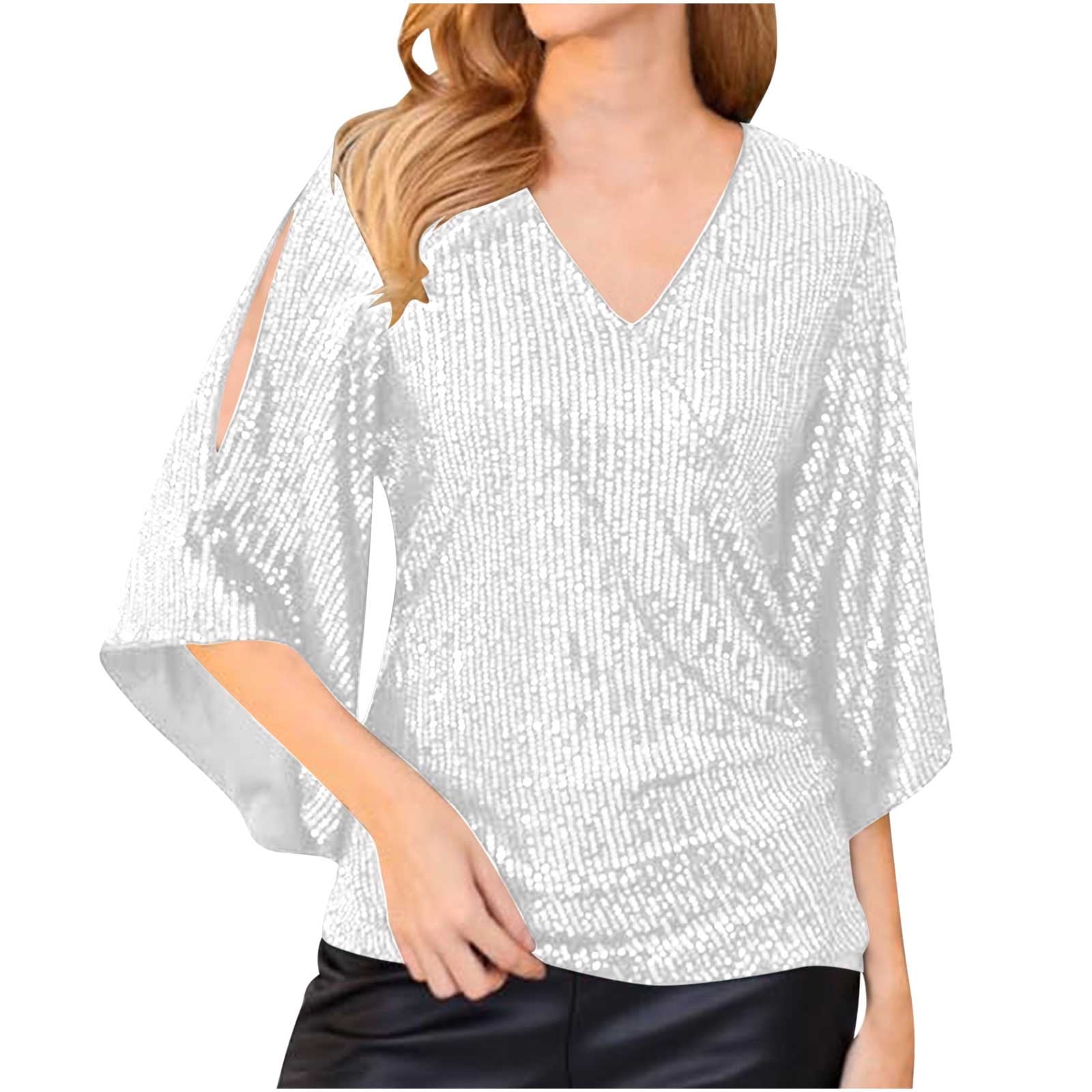 Womens Sequin T-Shirts 3/4 Sleeves V-Neck Glitter Sparkly Party Blouse ...