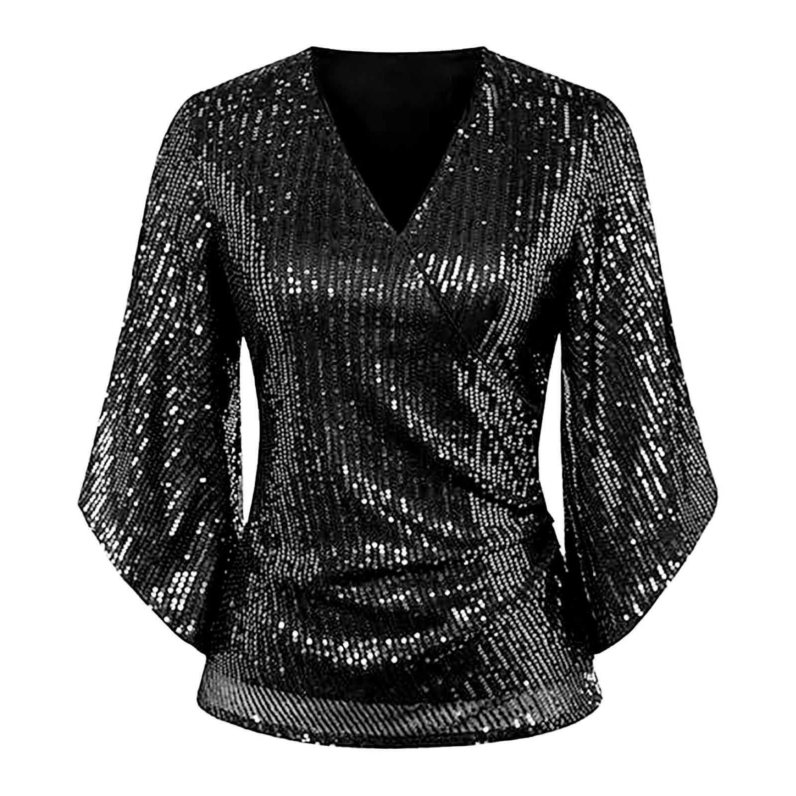 Womens Sequin Tops 3/4 Sleeve Glitter Sparkly Party Blouse V Neck ...