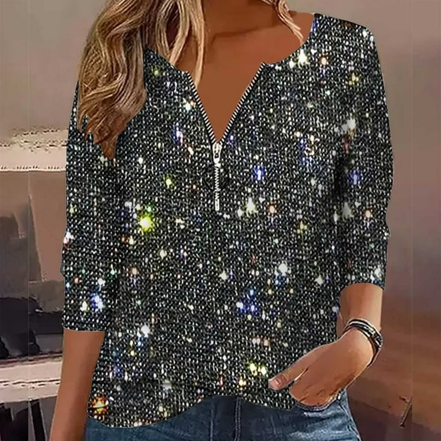Womens Sequin Tops Spring and Autumn Solid Color Sequin Long Sleeved ...
