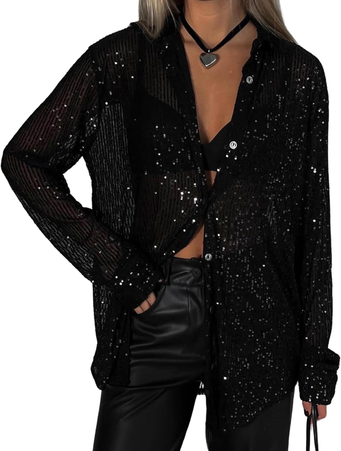 Womens Sequins Long Sleeve Collared Shirt Button Down Open Front Shirt ...