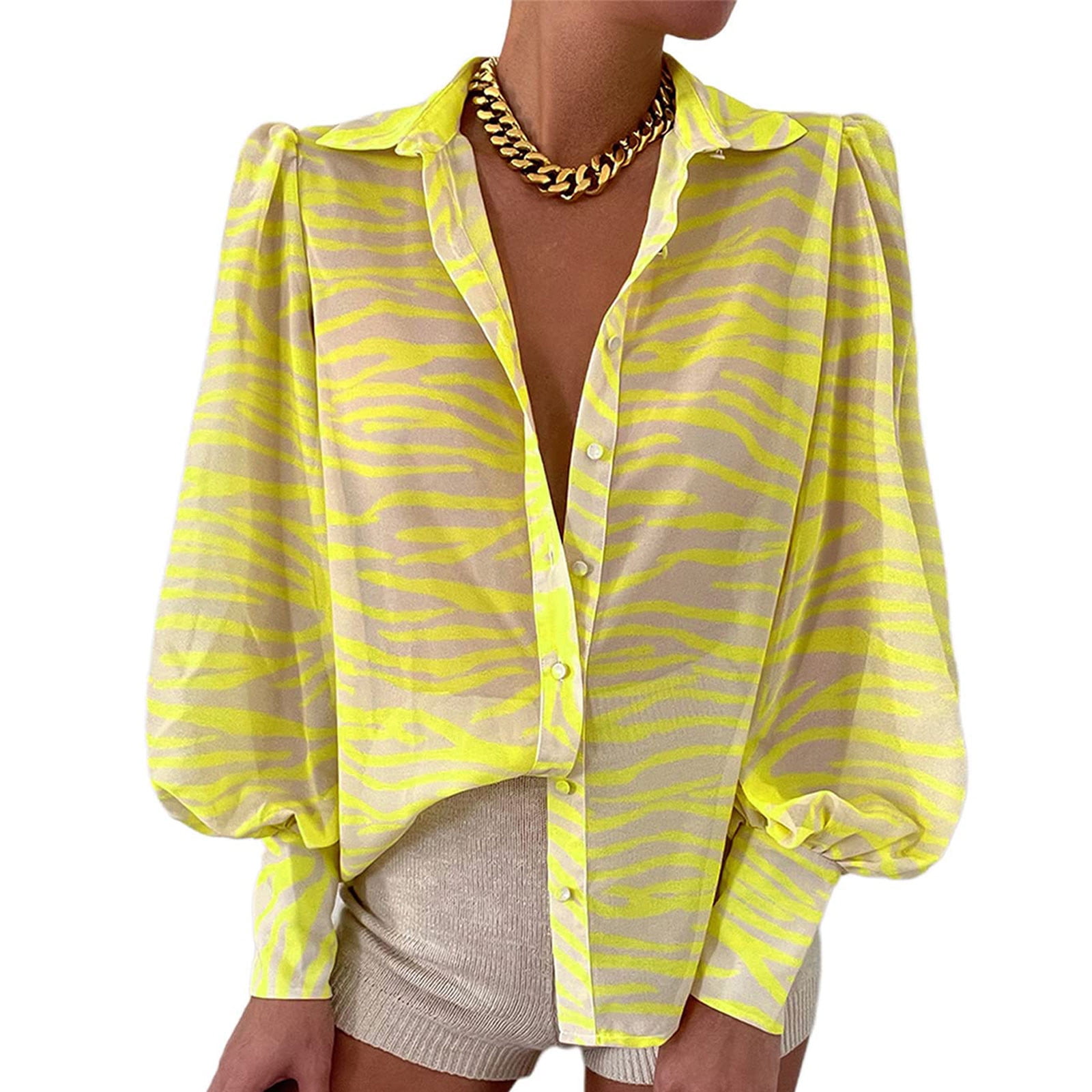 Womens Sexy Button Down Shirts Graphic Stripes Printed Puff Long Sleeve Loose Dressy Casual Work
