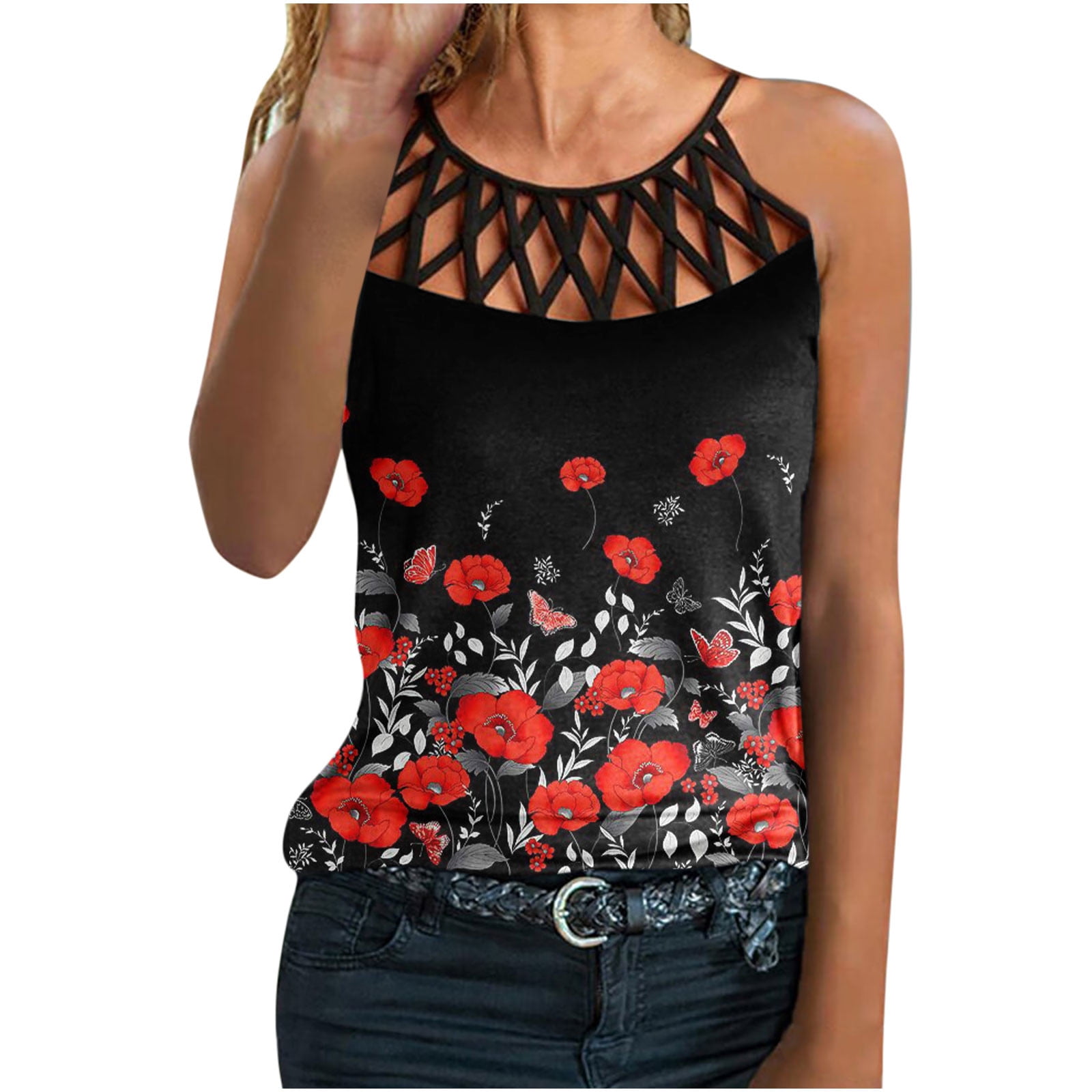 Womens Sexy Cami Top Floral Printed Sleeveless Crewneck Criss Cross ...