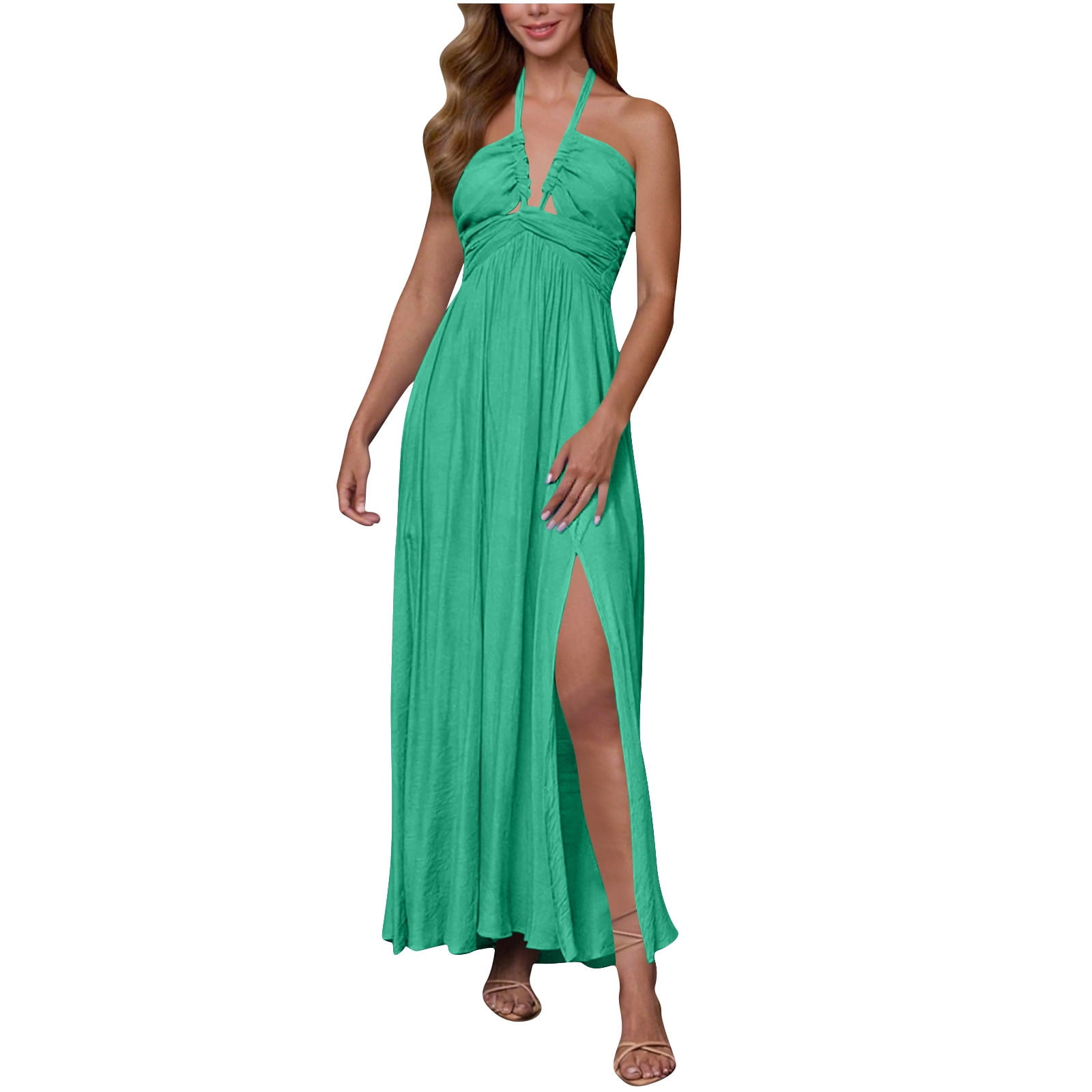 Womens Sexy Halter V Neck Backless Long Dresses Smocked High Waisted A ...