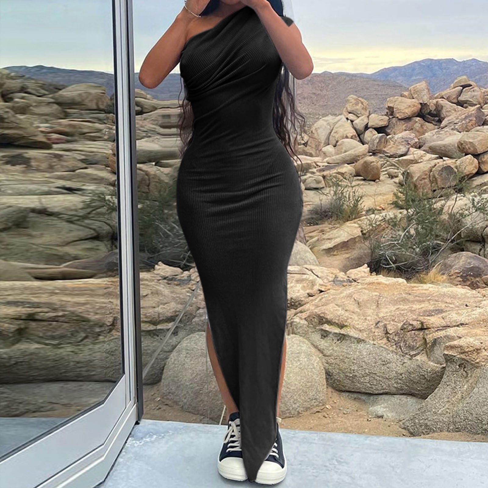 Womens Sexy One Off Shoulder Sleeveless High Split Dress Beach Pencil ...