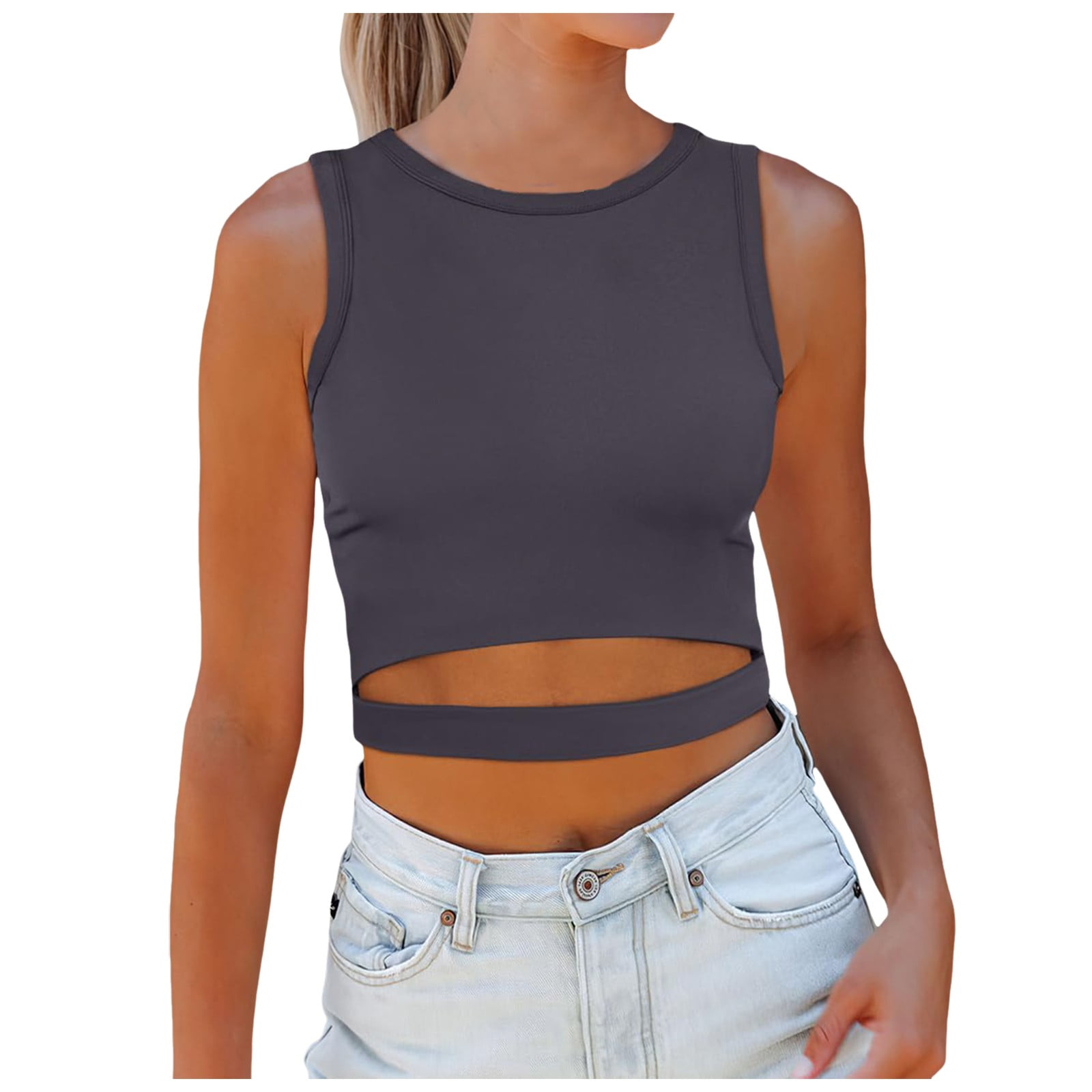 Womens Sexy Sleeveless O Neck Racerback Cropped Tank Tops Trendy Cute ...