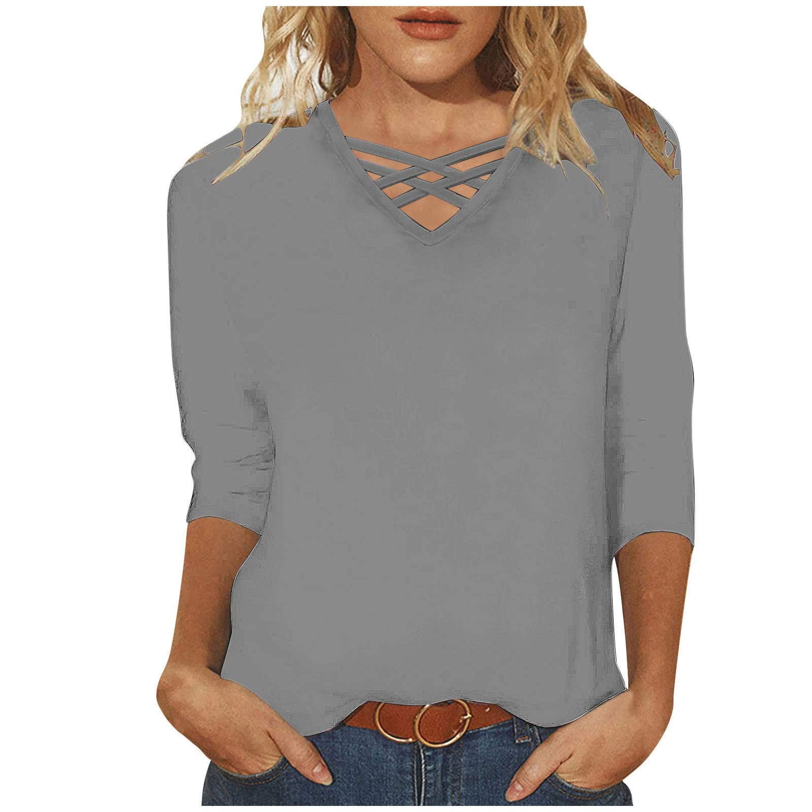 Womens Sexy V Neck Blouse Criss Cross Strappy Front Shirts Long Sleeve ...