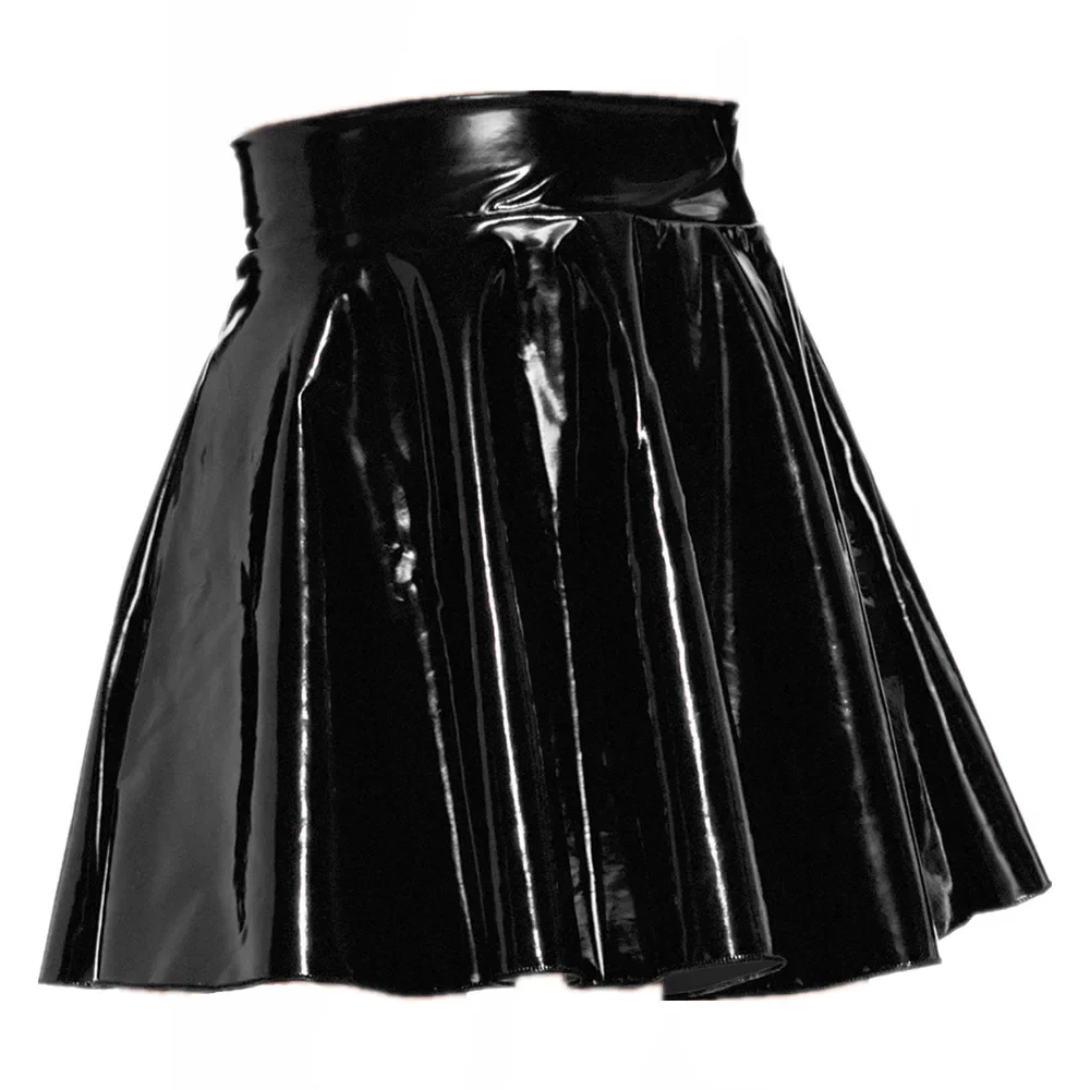 Womens Sexy Wet Look PVC Lacquer Leather Pleated High Rise A-line Short ...