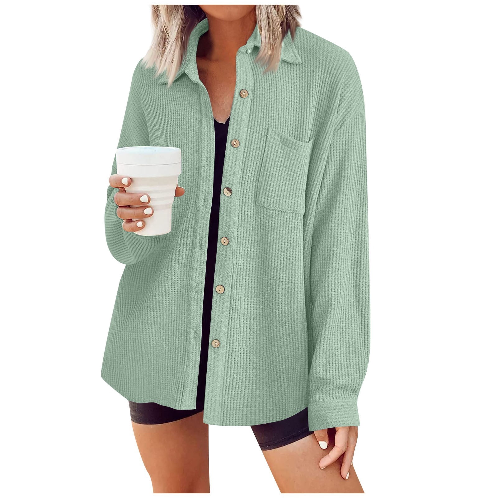 Womens Shacket Jackets Waffle Knit Outwear Coats Long Sleeve Open Front ...