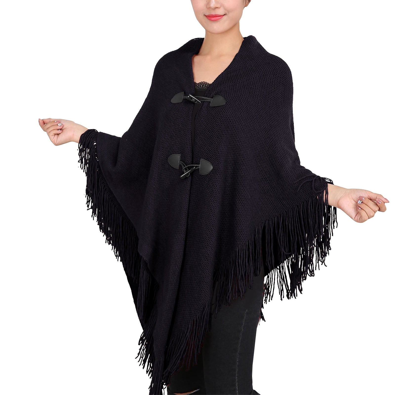Womens Shawl Wraps Fall Cape Cape Fringe Horn Buckle Solid Irregular ...