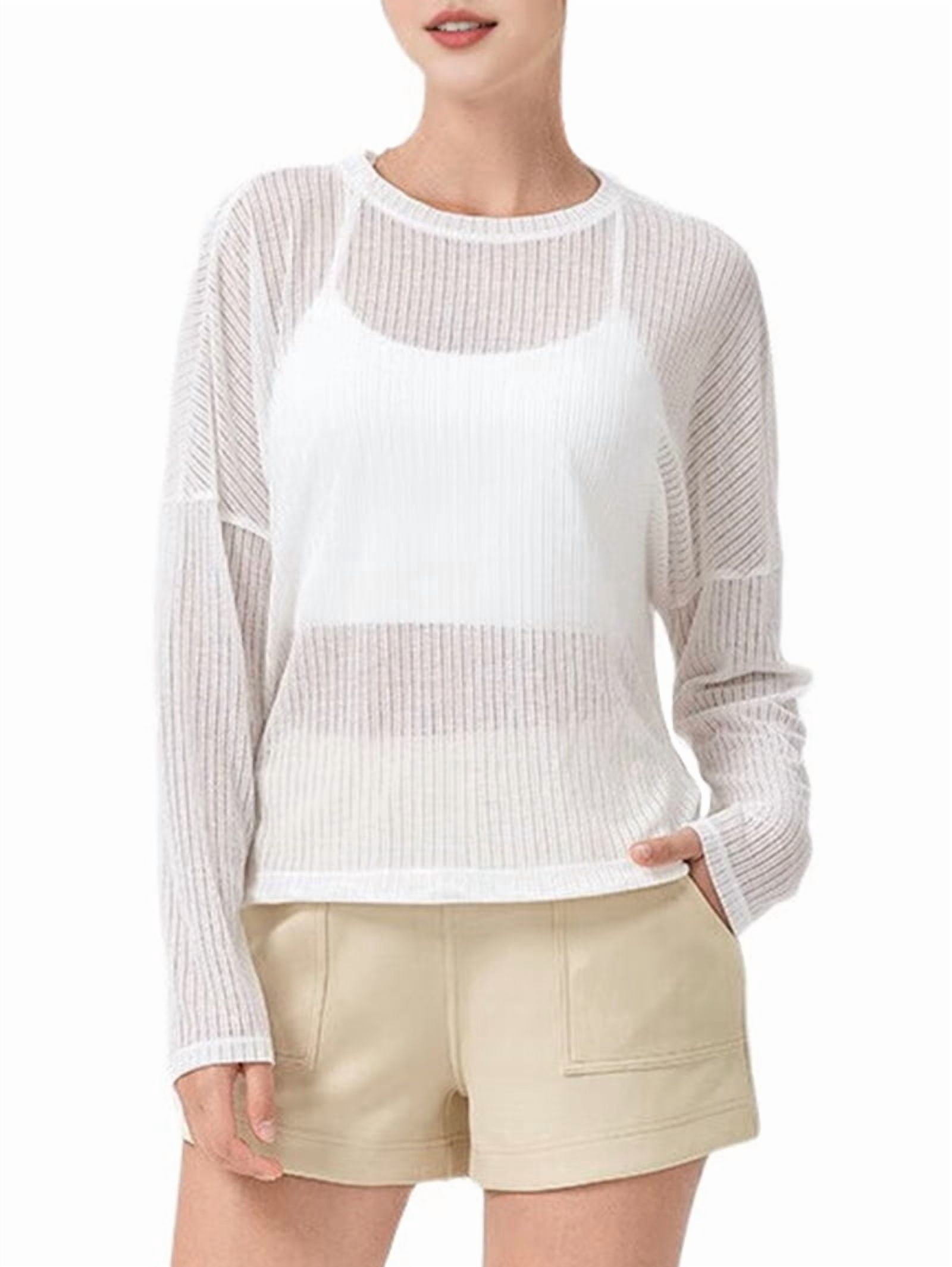 Womens Sheer Long Sleeve Mesh Top Crewneck Long Sleeve Loose See ...