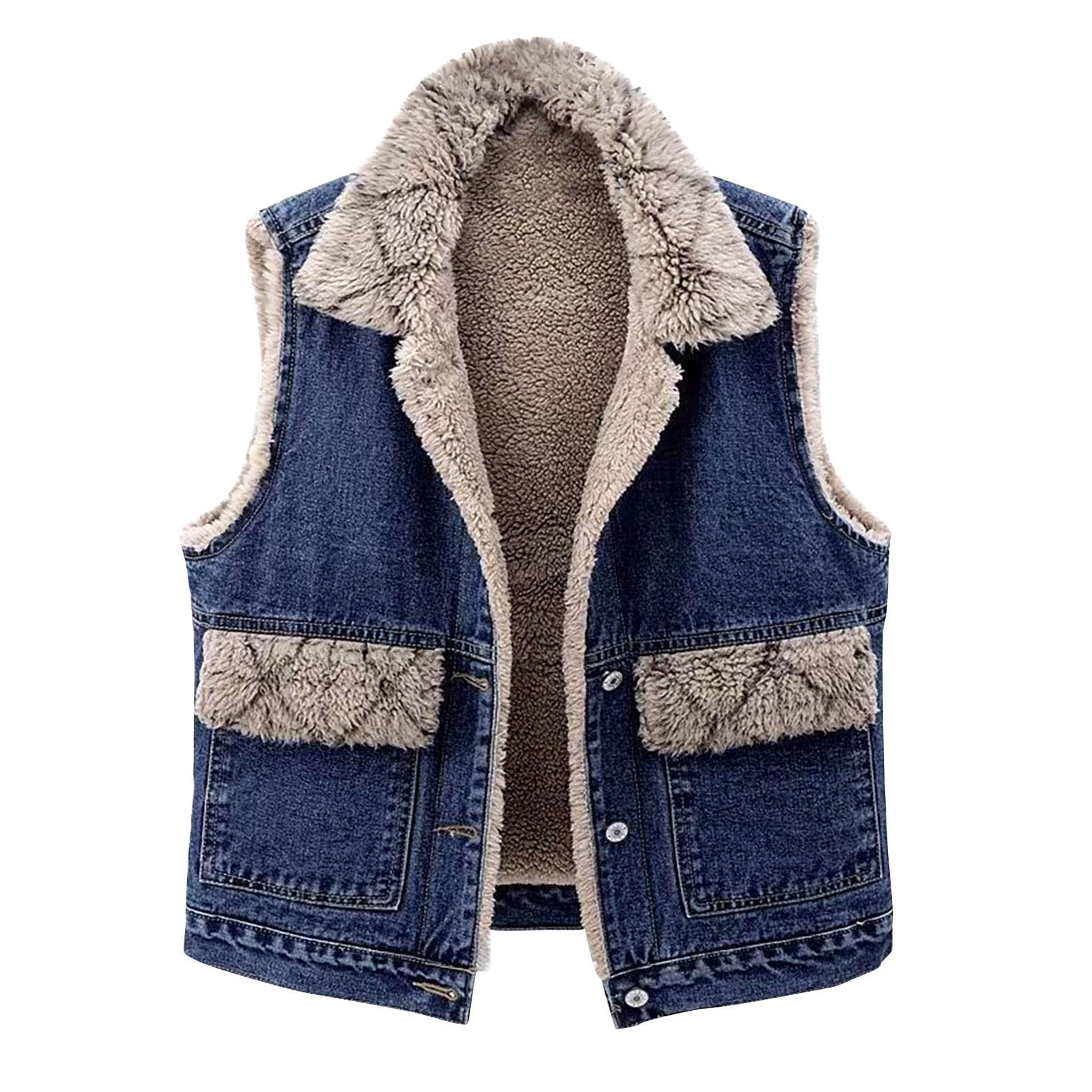 Womens Sherpa Fleece Lined Denim Vest Baggy Sleeveless Wool Warm Jean ...