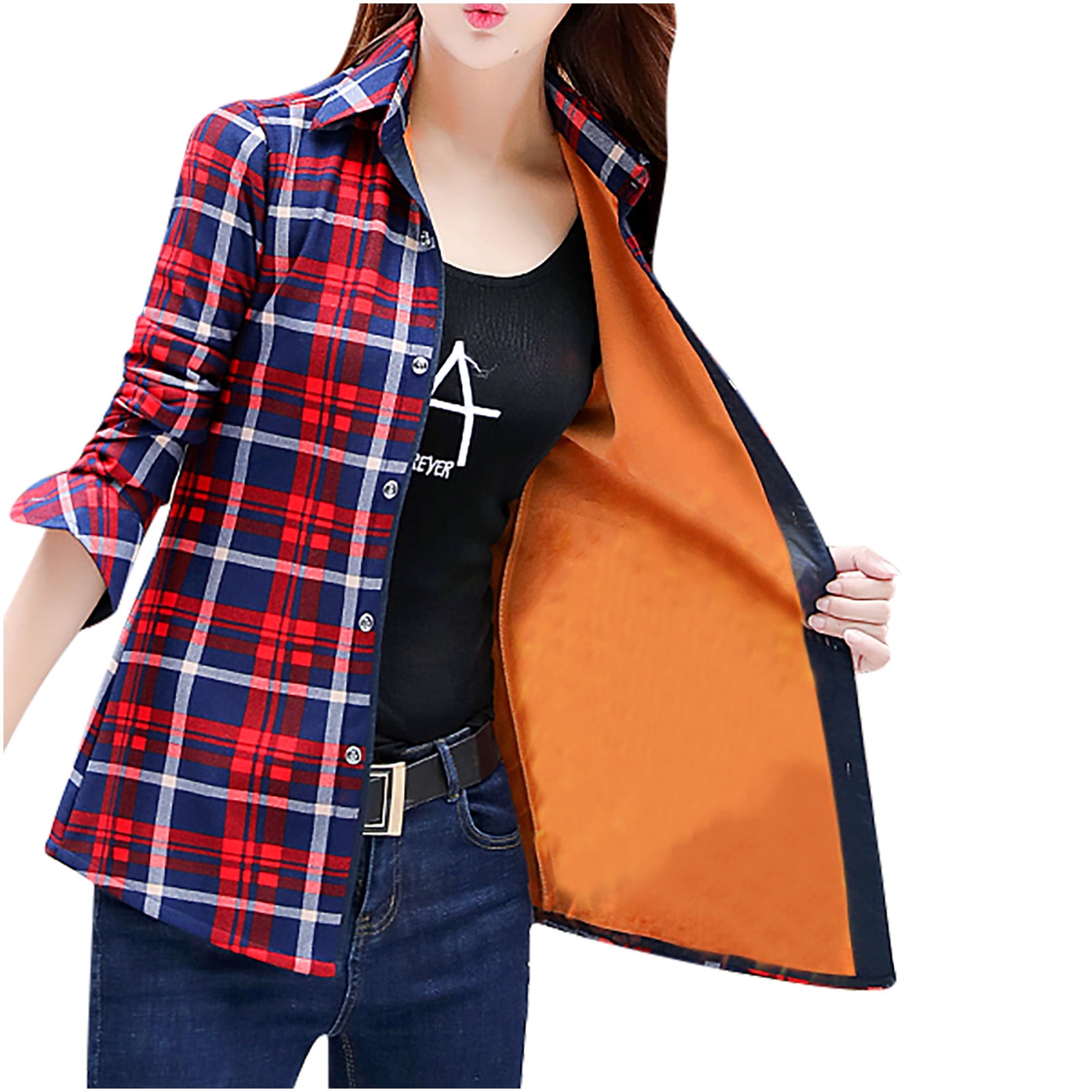 Womens Sherpa Fleece Lined Flannel Shirt Jacket Warm Button Up Winter ...