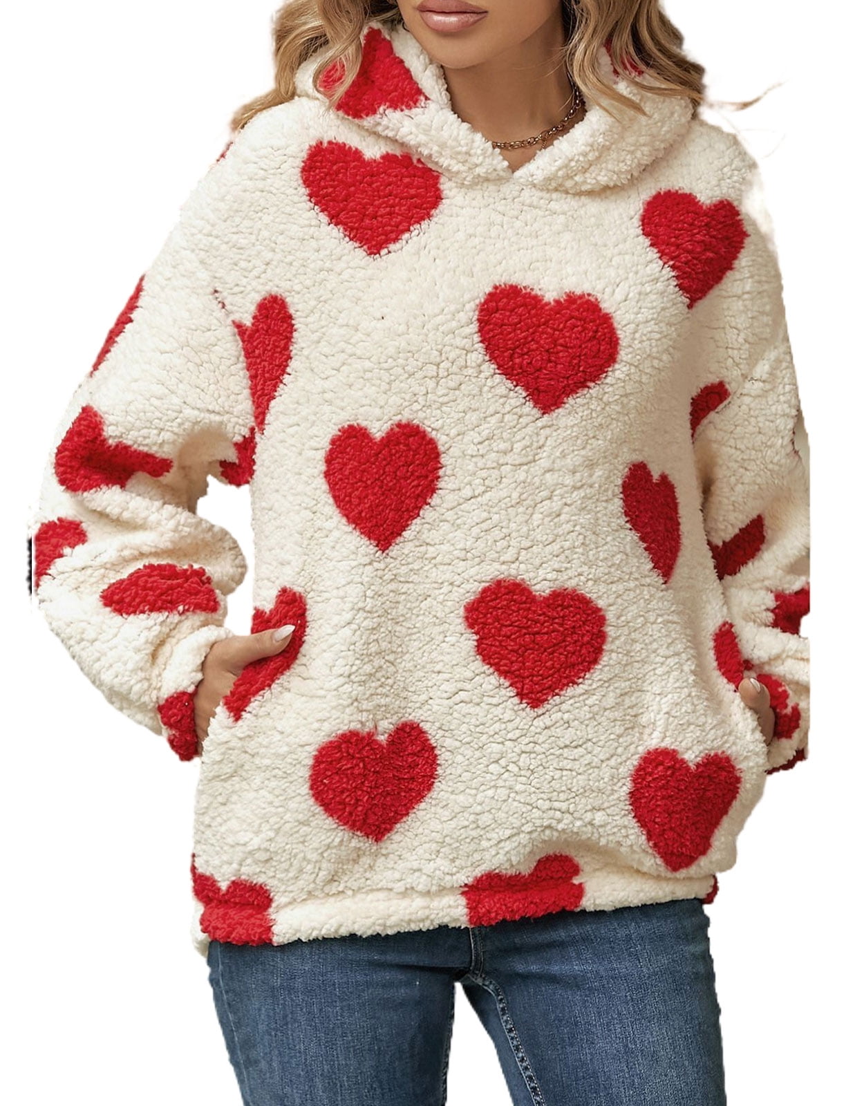 Womens Sherpa Hoodies for Women Valentine's Day Heart Printed Loose ...