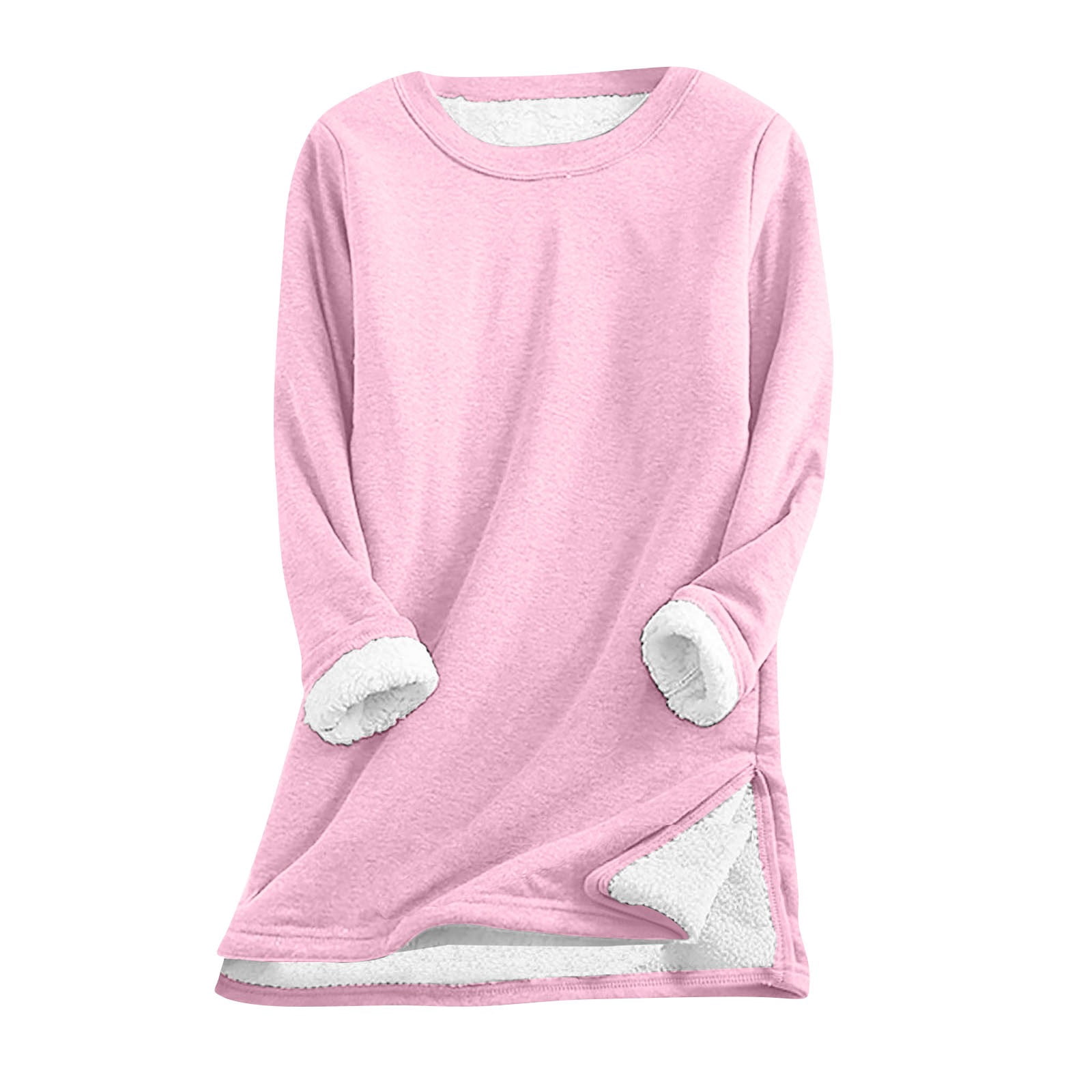 Womens Sherpa Lined Tunic Tops Plain Pullover Sweaters Side Split ...