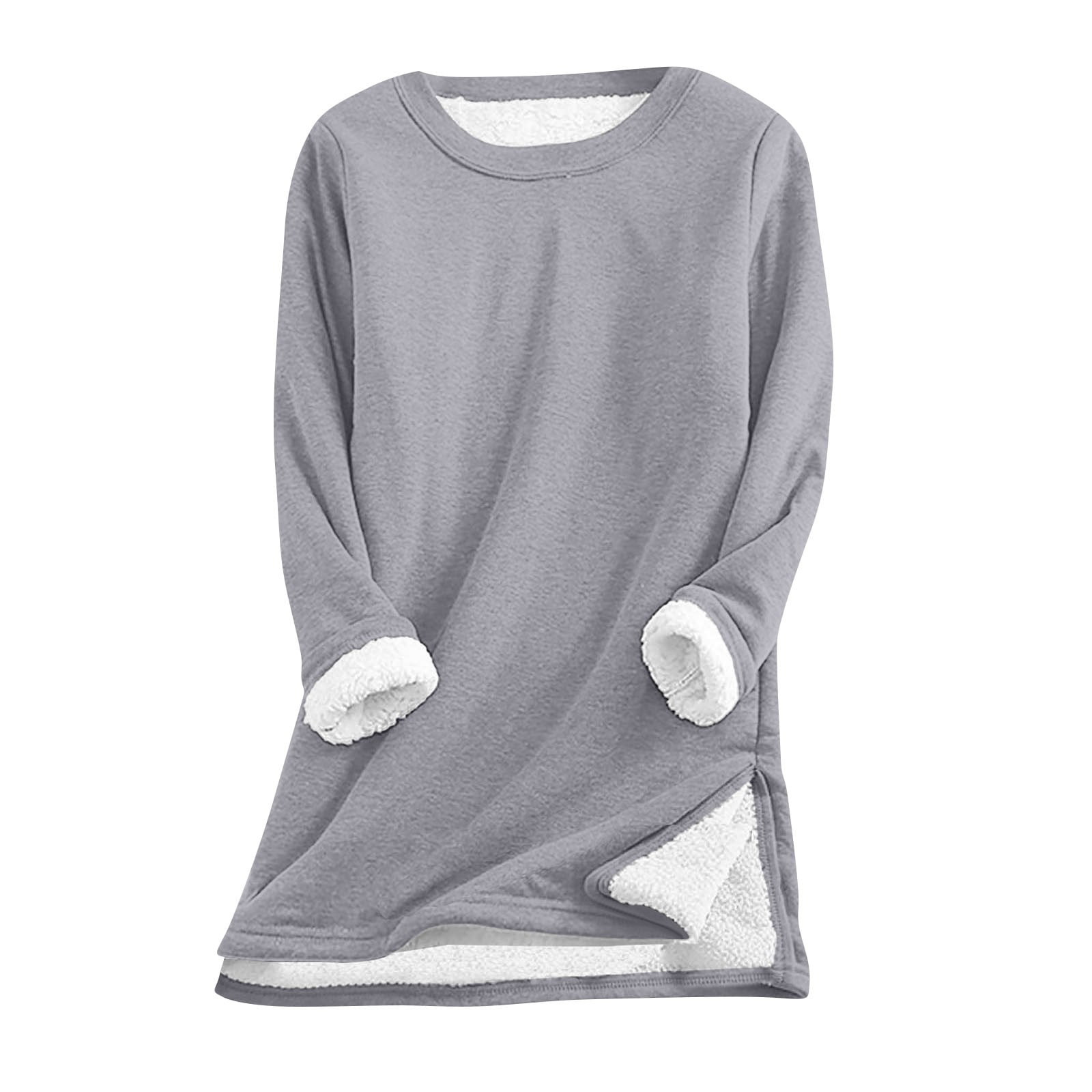 Womens Sherpa Lined Tunic Tops Plain Pullover Sweaters Side Split ...
