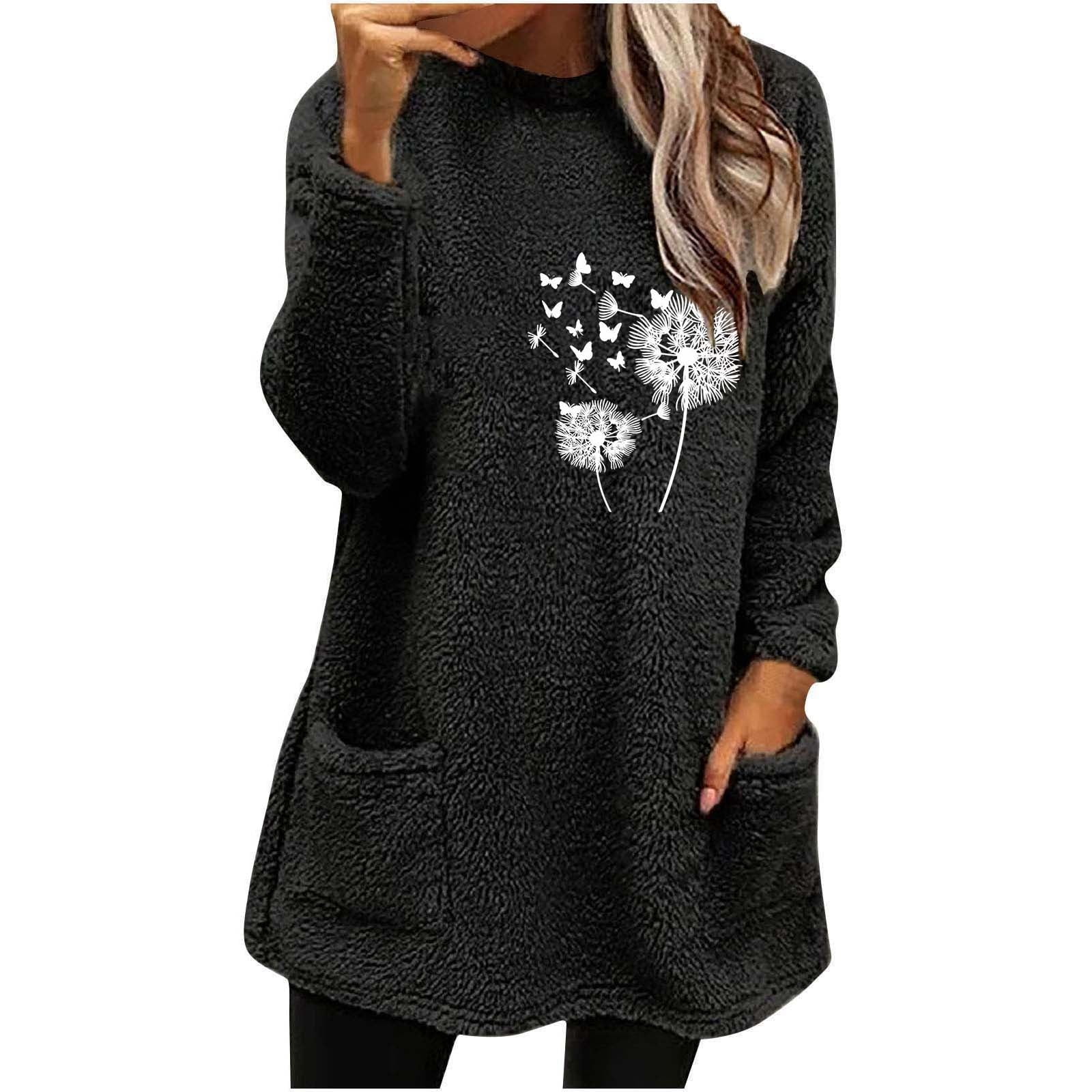 Womens Sherpa Pullover Tops with Pockets Fuzzy Fleece Sweatshirt Long ...