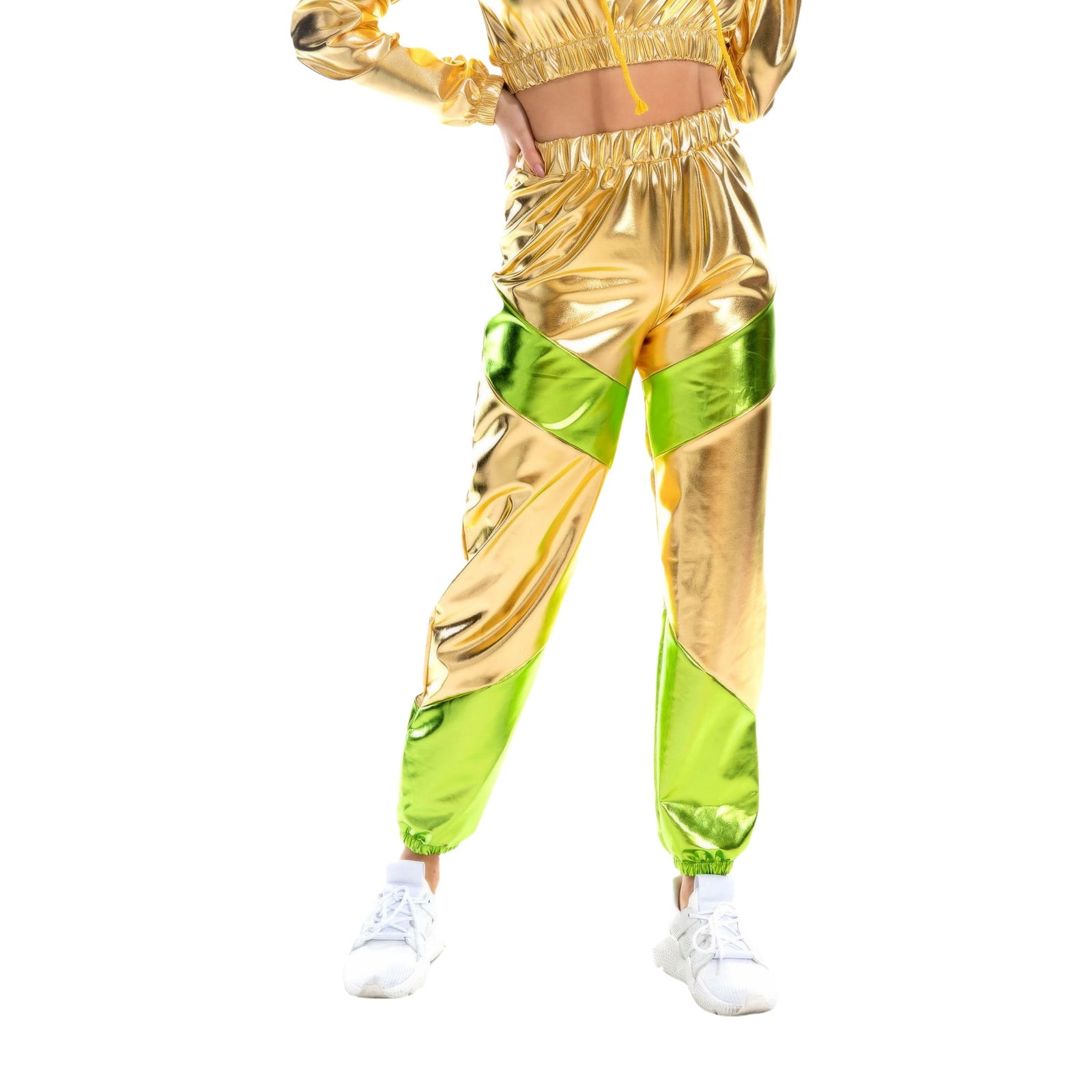Womens Shiny Metallic Pants, Color Block Holographic Disco Sweatpant ...