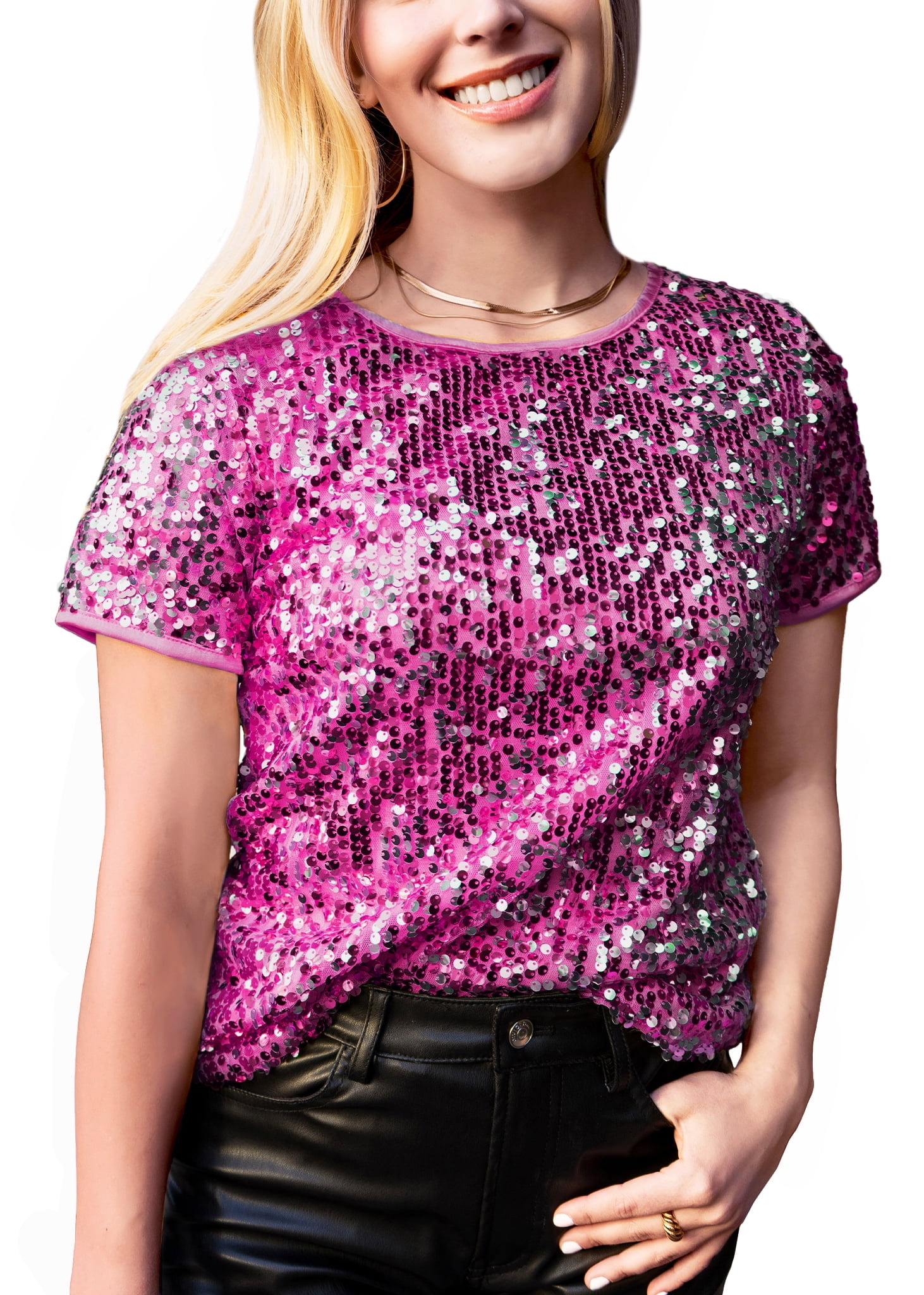 Womens Shiny Sequin Top Round Neck Short Sleeve Lightweight Sparkly ...