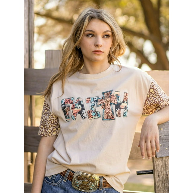 Womens Shirt Faith Cross Leopard Sunflower Mineral Wash Short Sleeve ...