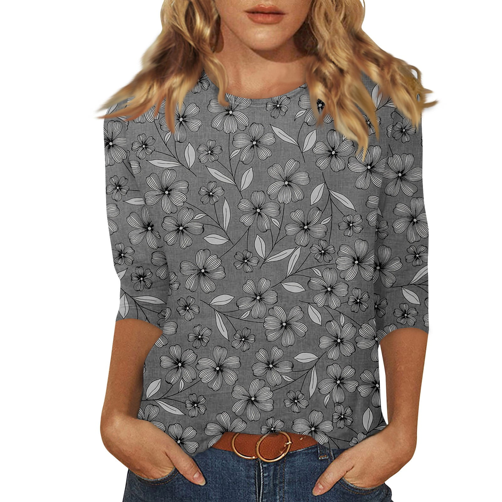 Womens Shirts 3/4 Sleeves Fashion Floral Printed T-Shirt Mid-length ...