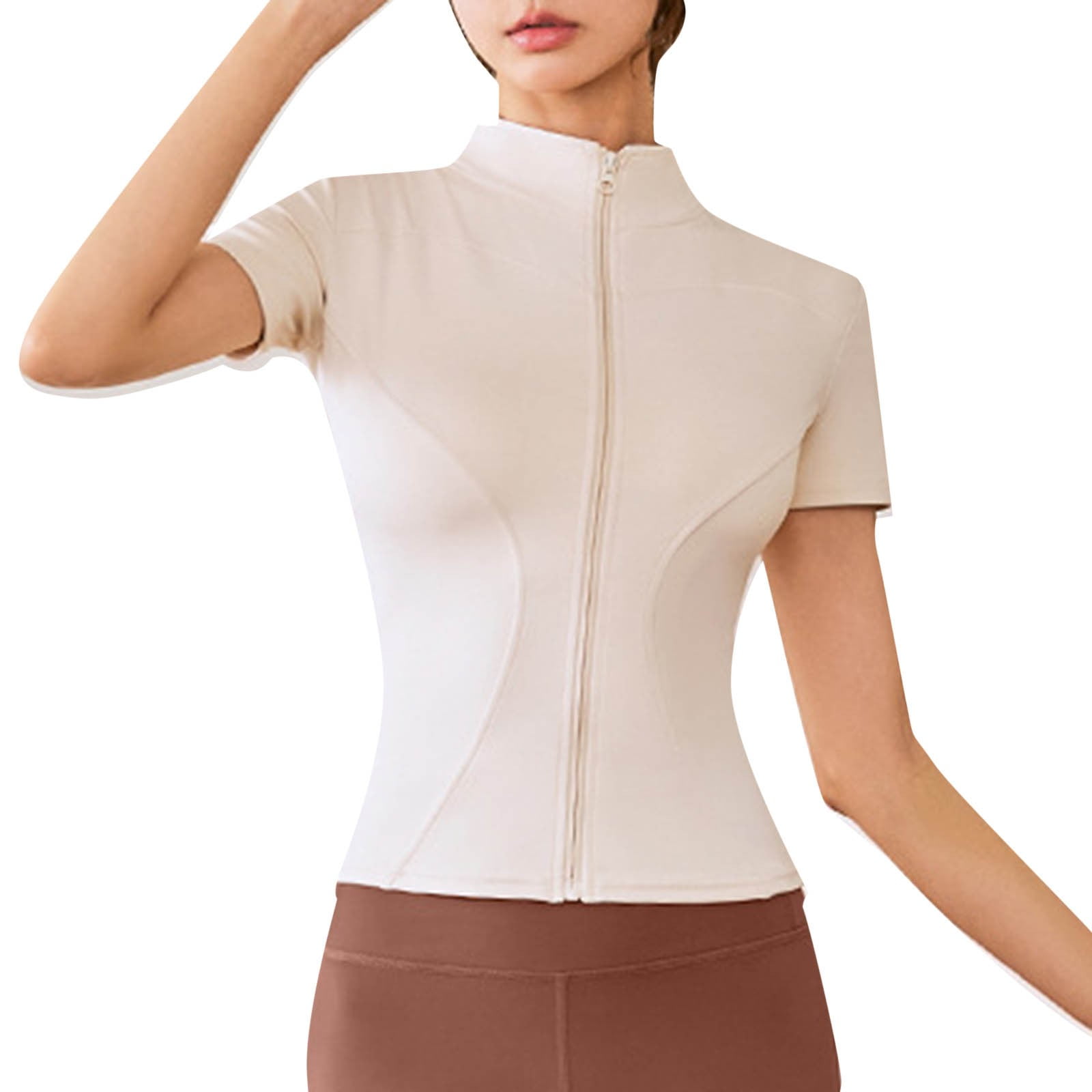 Womens Shirts Blouses High Elastic Yoga Short Sleeved Jacket Stand ...