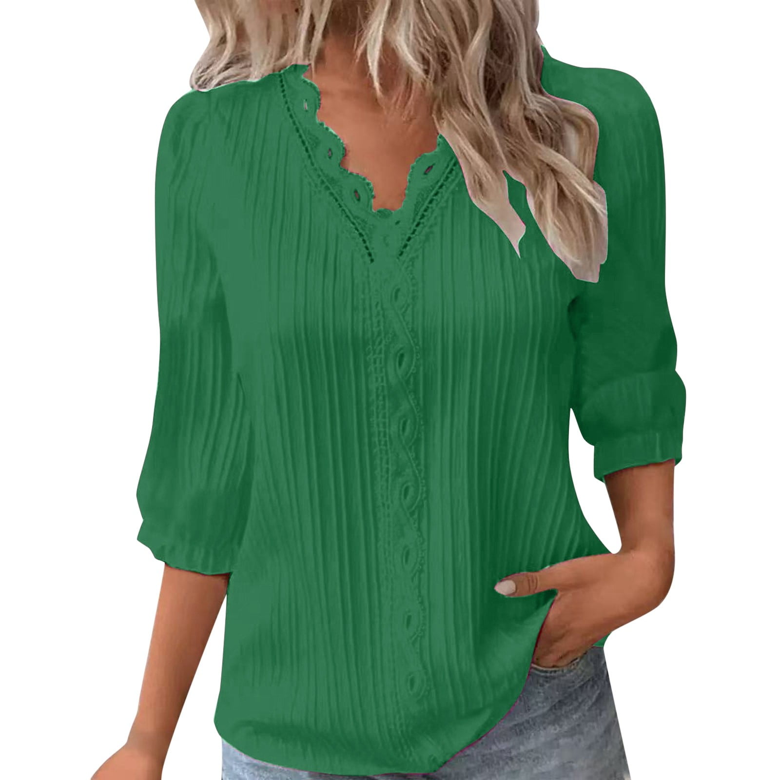 Womens Shirts Elegant 3/4 Sleeve Lapel Polo Hollow Resort Relaxed Fit ...