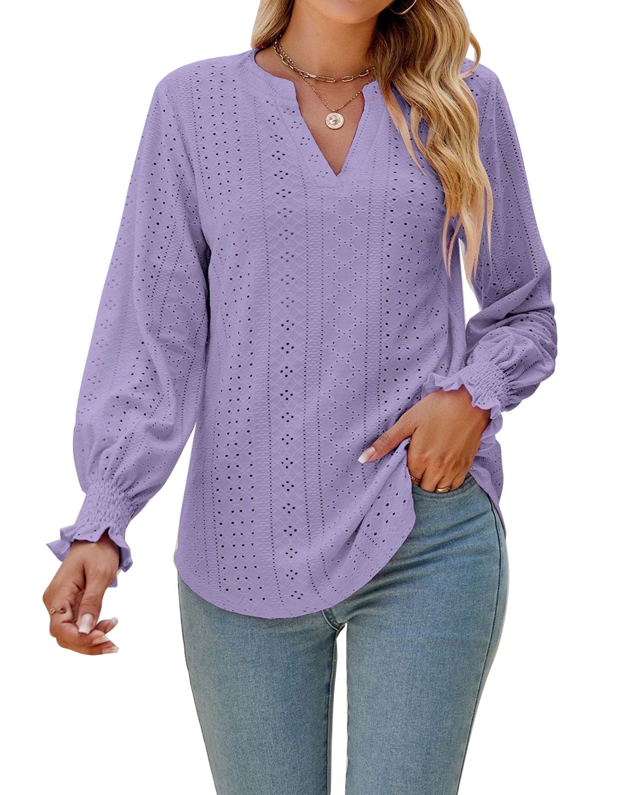 Cogild Women's V Neck Long Sleeve Lace Crochet Blouse Tops, Casual ...