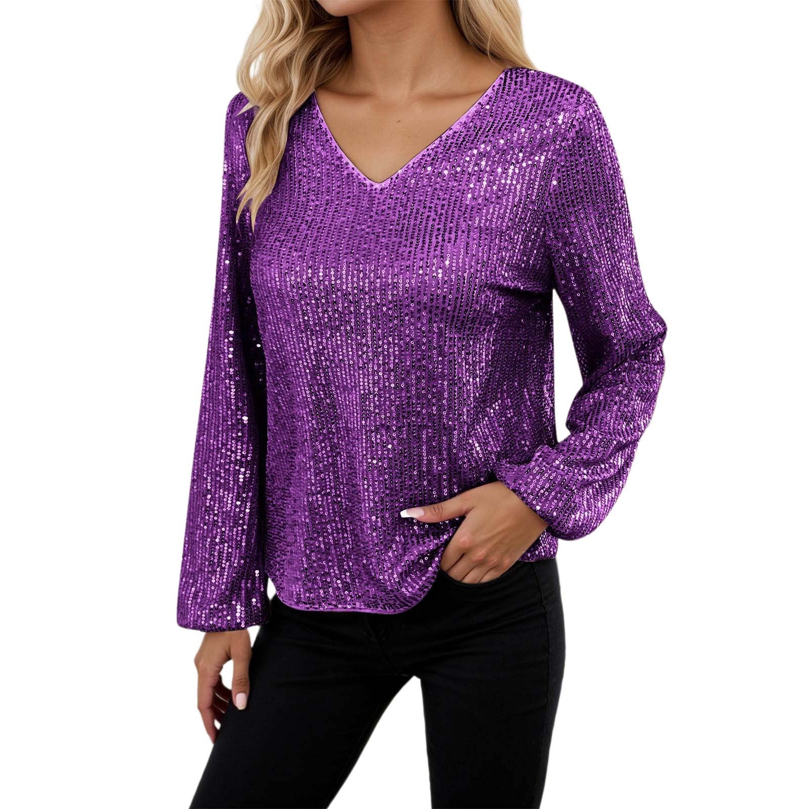 Womens Shirts Sequin Top for Women Long Sleeve Purple Sparkle Shirt ...