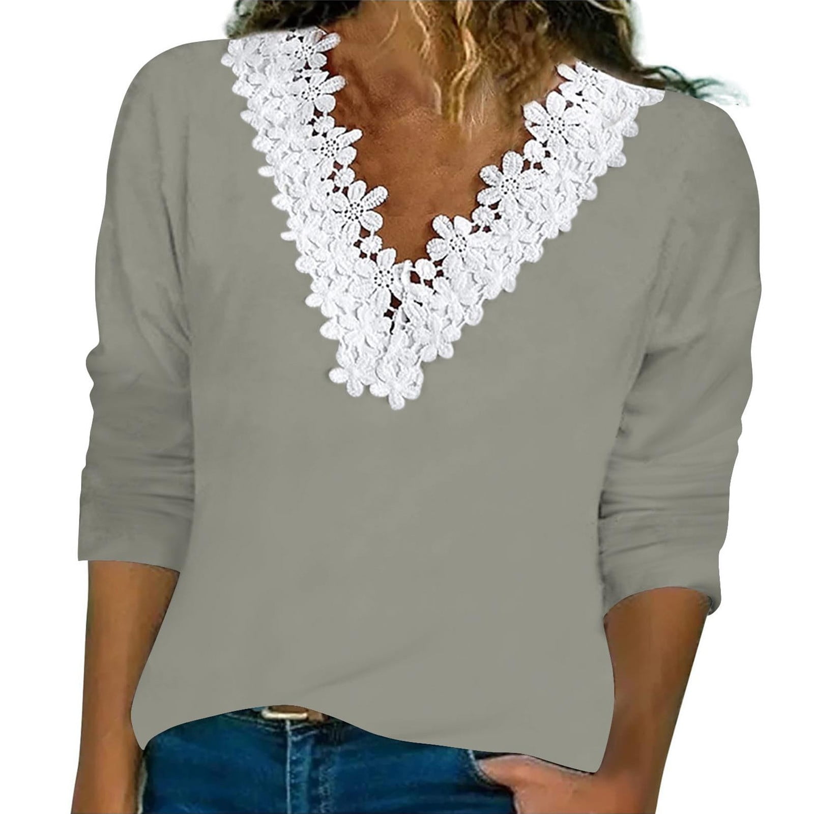 Womens Shirts Tops Solid Color Fashion Fall Gradient Long Sleeve Lace ...