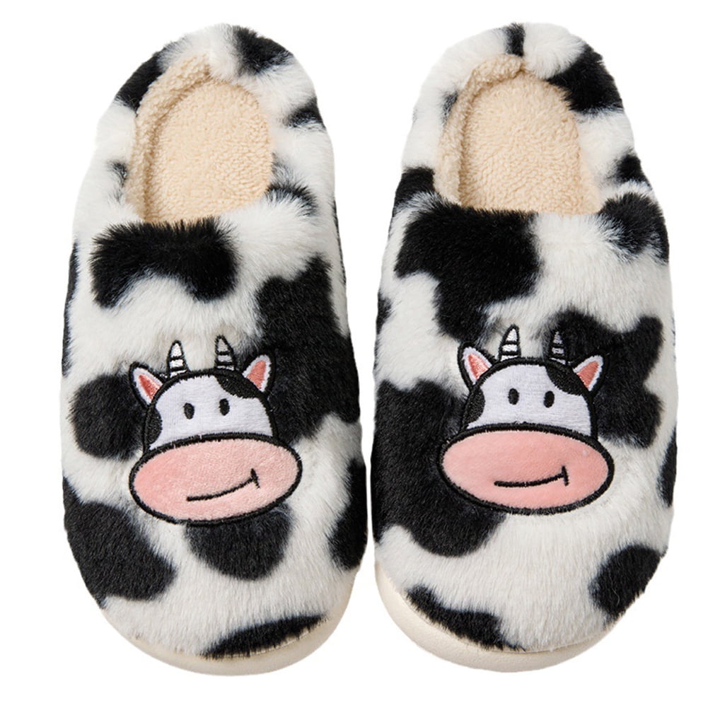 Womens Shoes Slippers Cow Slippers Cute Cow Slides Indoor Cartoon Fuzzy Cow Print Slippers ...