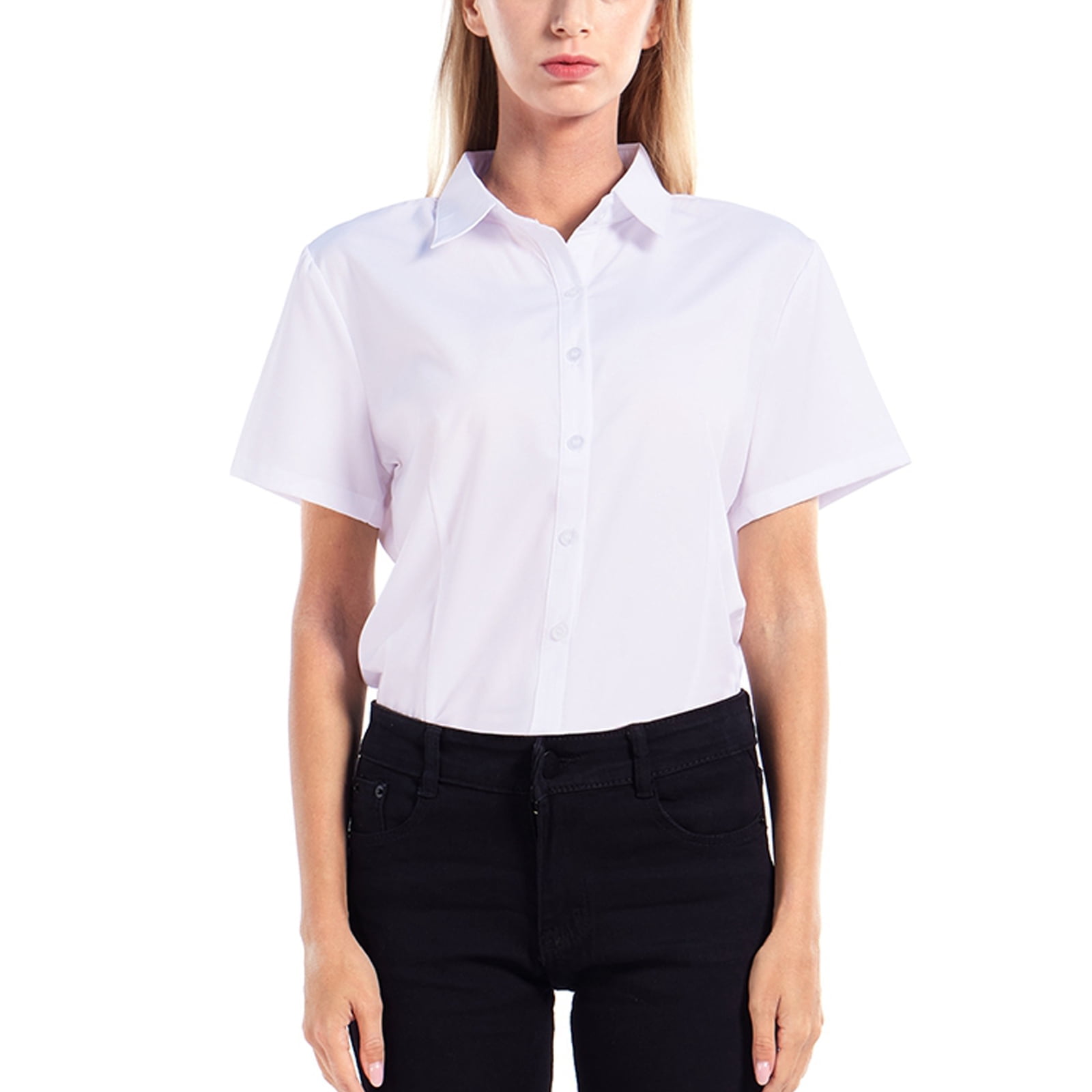 Womens Short Sleeve Button Down Shirts Official Collar Blouse Basic ...
