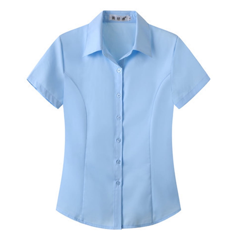 Womens Short Sleeve Button Down Shirts Official Collar Blouse Basic ...