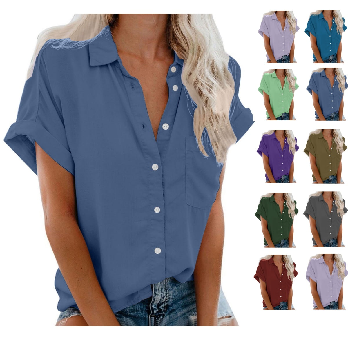 Womens Short Sleeve Casual Button Down Shirts Summer Soft Fashion ...