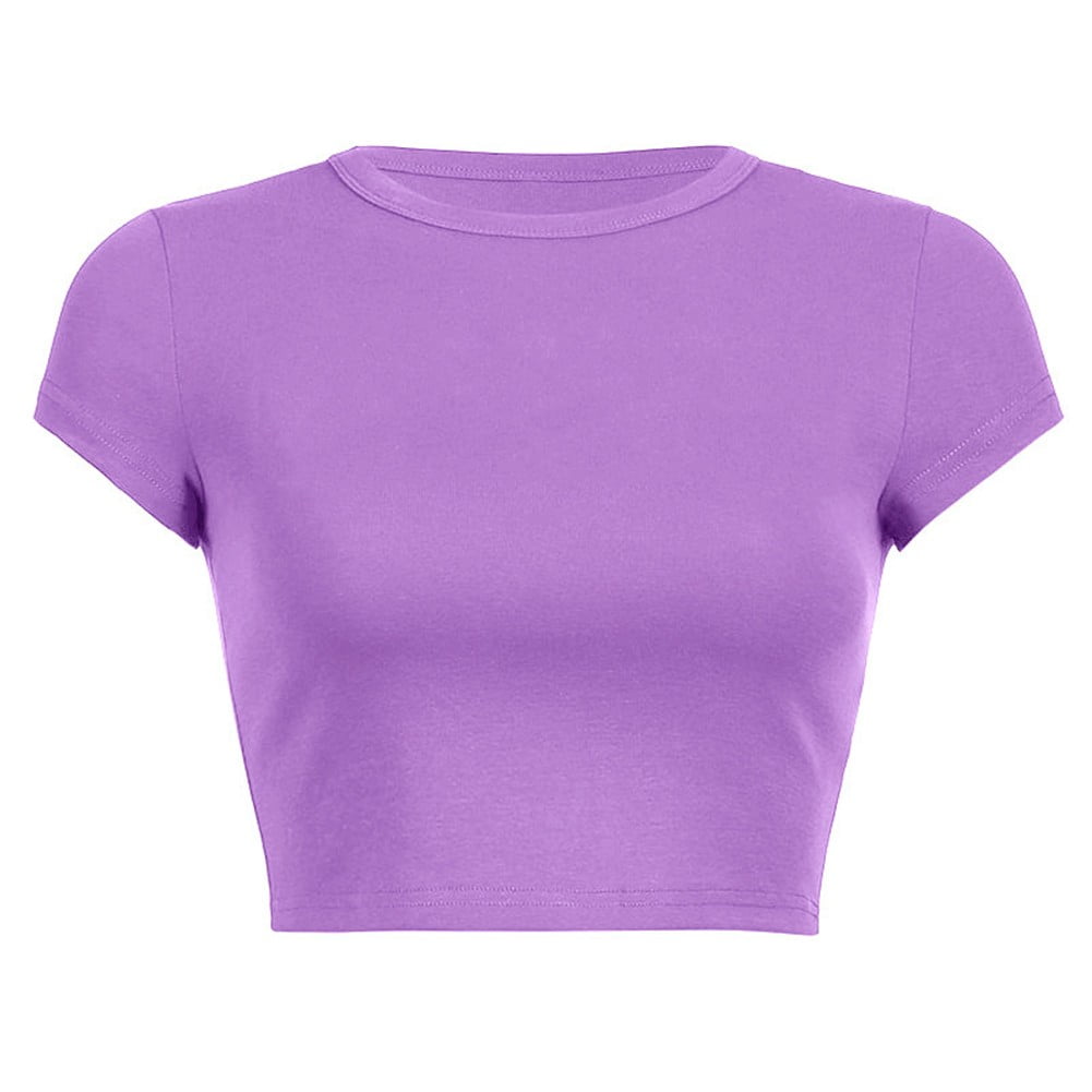 Womens Short Sleeve Crop Top Ladies Round Neck Stretch Plain T Shirt Tops