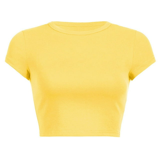 Womens Short Sleeve Crop Top Ladies Round Neck Stretch Plain T Shirt Tops