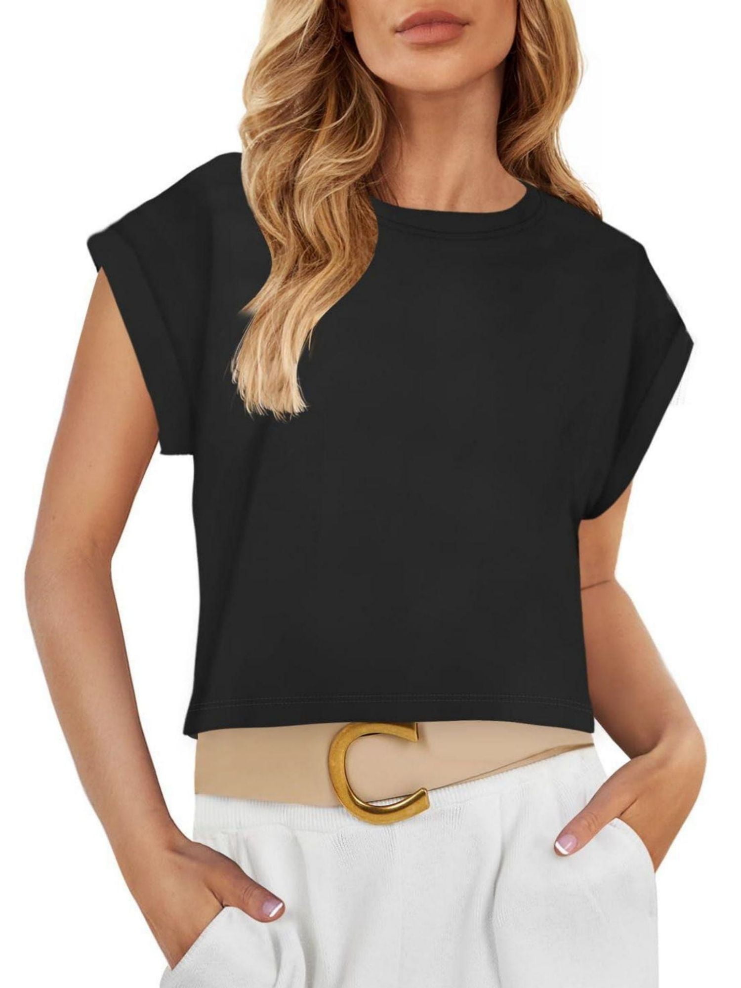 Womens Short Sleeve Cropped T-shirts Summer Rolled Dolman Sleeve Crop ...