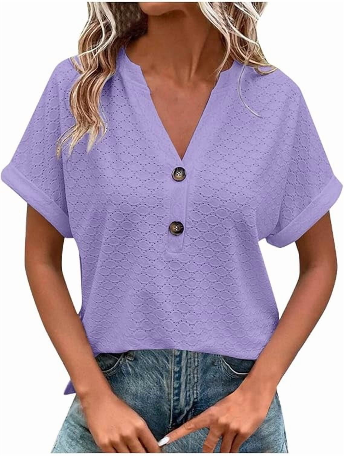 Womens Short Sleeve Henley Tops V Neck Dressy Casual Blouses Summer ...