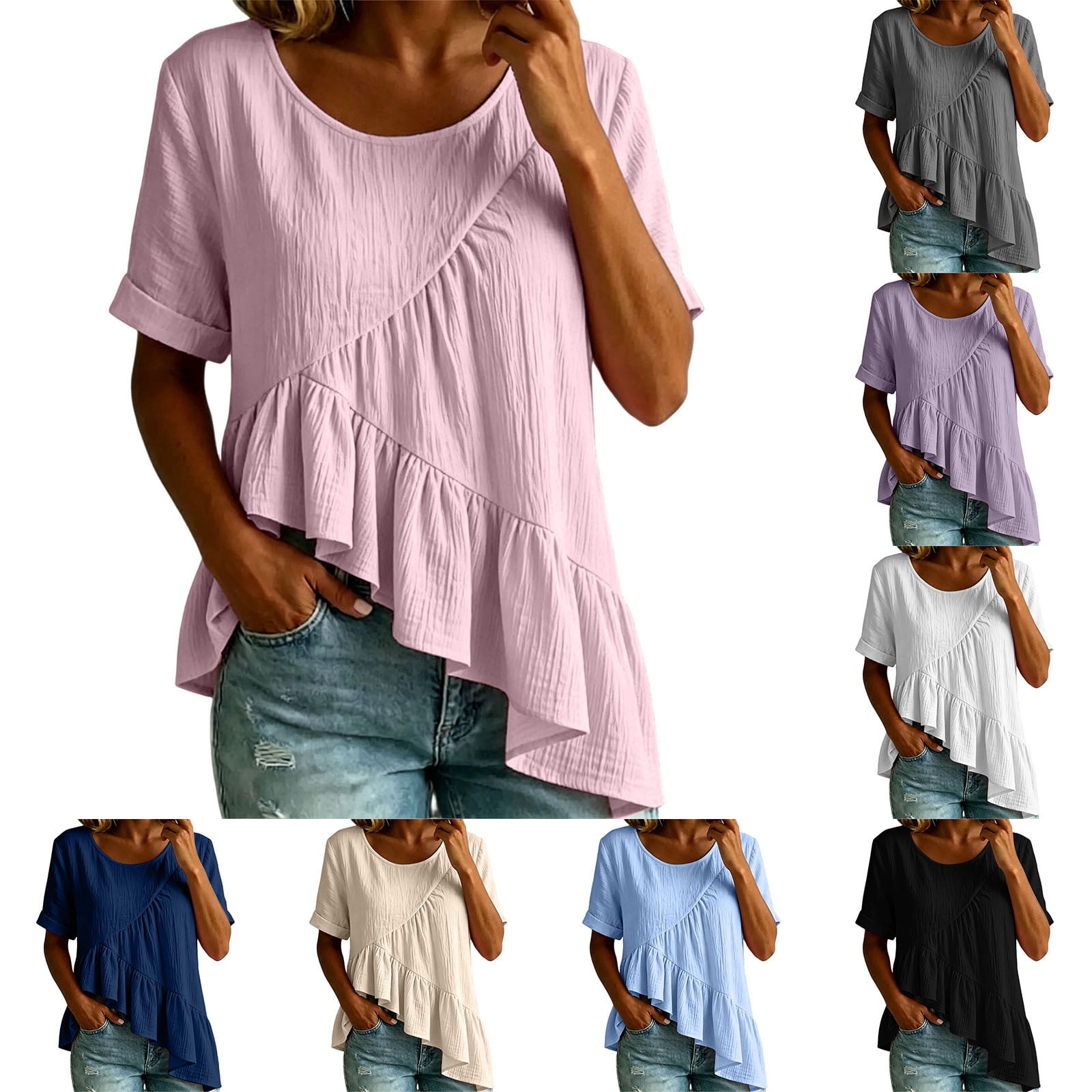 Womens Short Sleeve Henley Tops Women's Sweet Edgy Asymmetrical Ruffled ...
