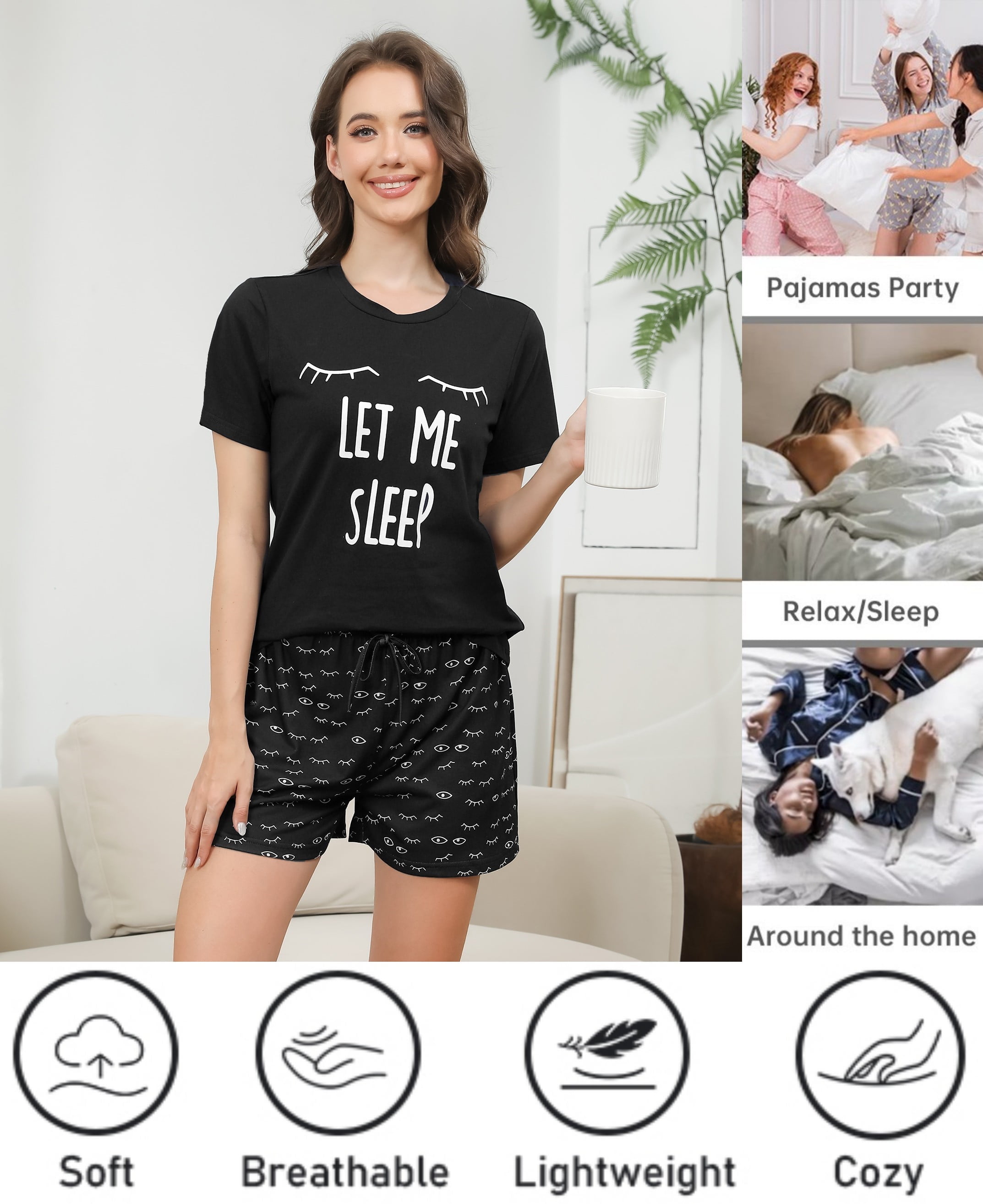 Womens Short Sleeve Pajama Sets with Shorts 2 Piece Round Neck Women's ...