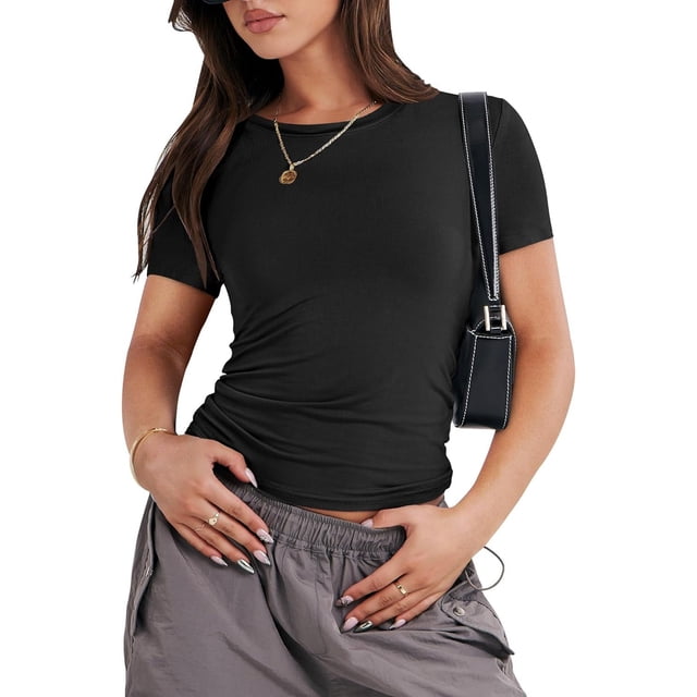 Womens Short Sleeve Slim Fit Crop Top Going Out Tight-Shirts Summer ...